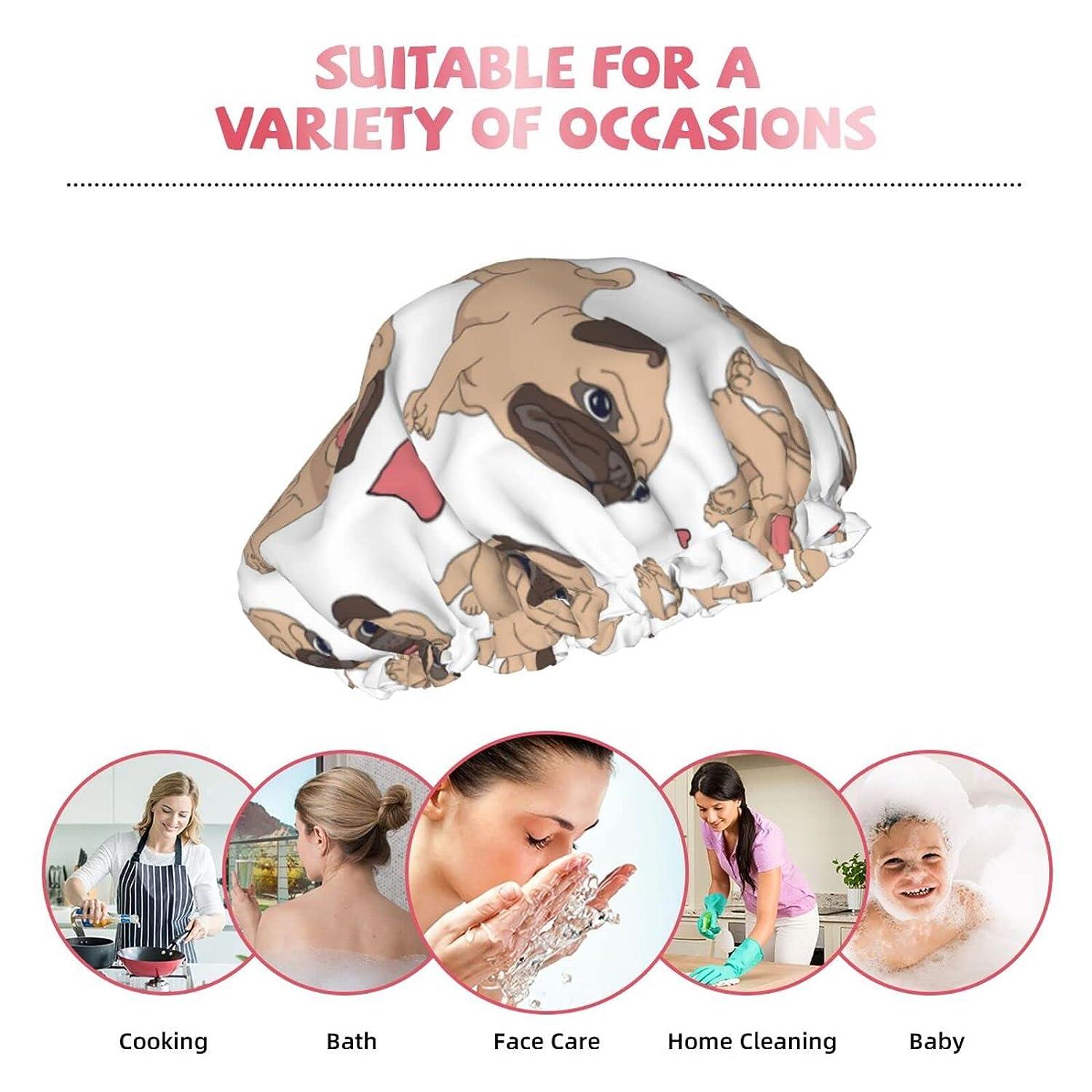 White Brown Pug Shower Cap for Women - Double Waterproof Layers - Large ...