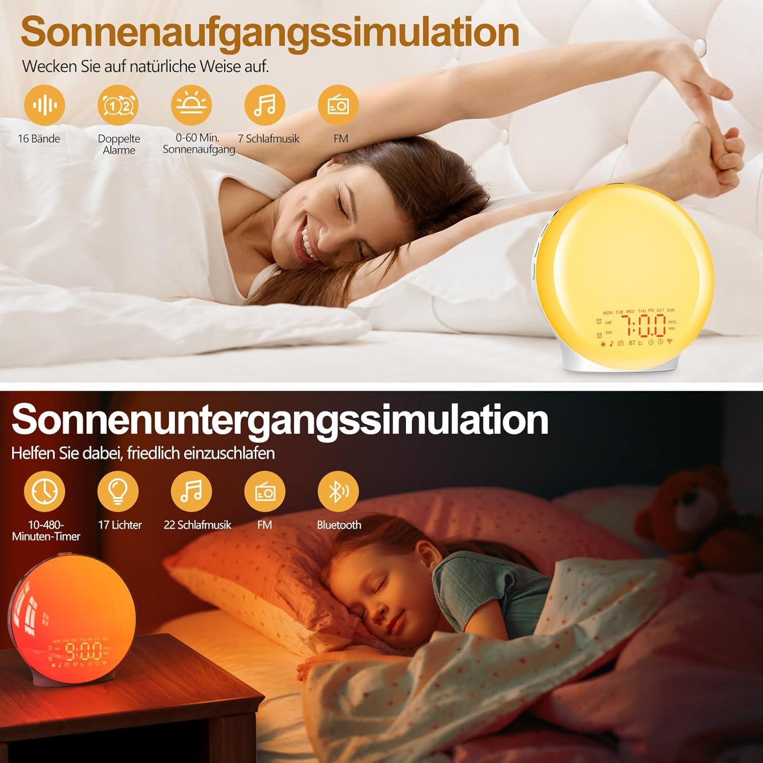 Buy Bluetooth Light Alarm Clock - Sunrise Sunset Simulation 17 Colors 22 Sounds Snooze FM Radio ...