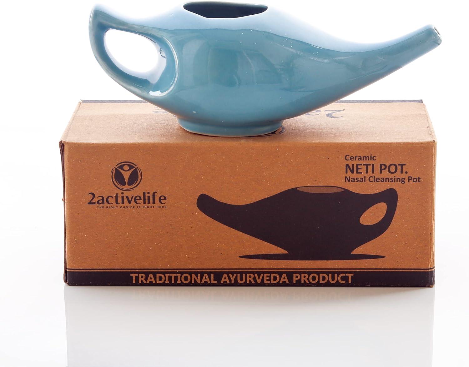 Ceramic Neti Pot Set - Premium Handcrafted Blue Sinus Rinse Kit with 5 ...