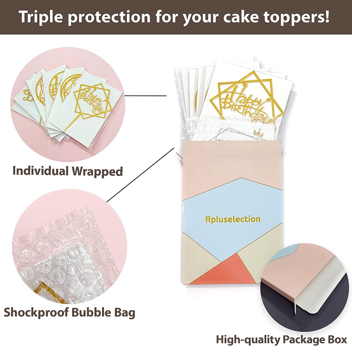 6-Pack Gold Birthday Cake Topper Set Double-Sided Glitter Acrylic Happy ...