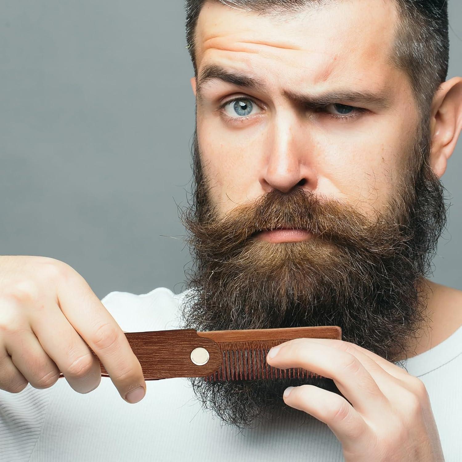 Natural Wooden Beard Comb for Men - Folded Mustache & Beard Brush ...