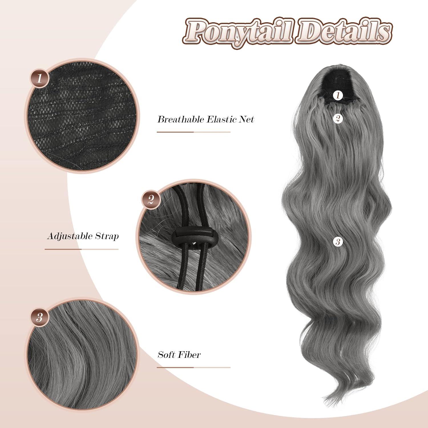 FESHFEN 60cm Curly Wavy Gray Drawstring Ponytail Extension | Clip-in ...