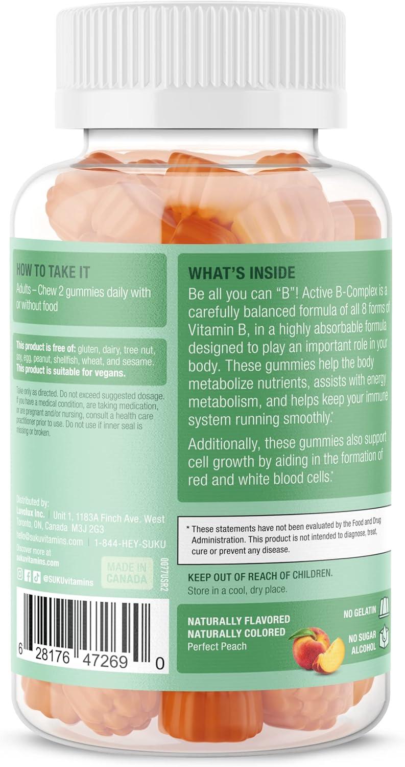 SUKU Vitamin B Complex Gummies with Vitamin C - Sugar Free Vegan Peach ...