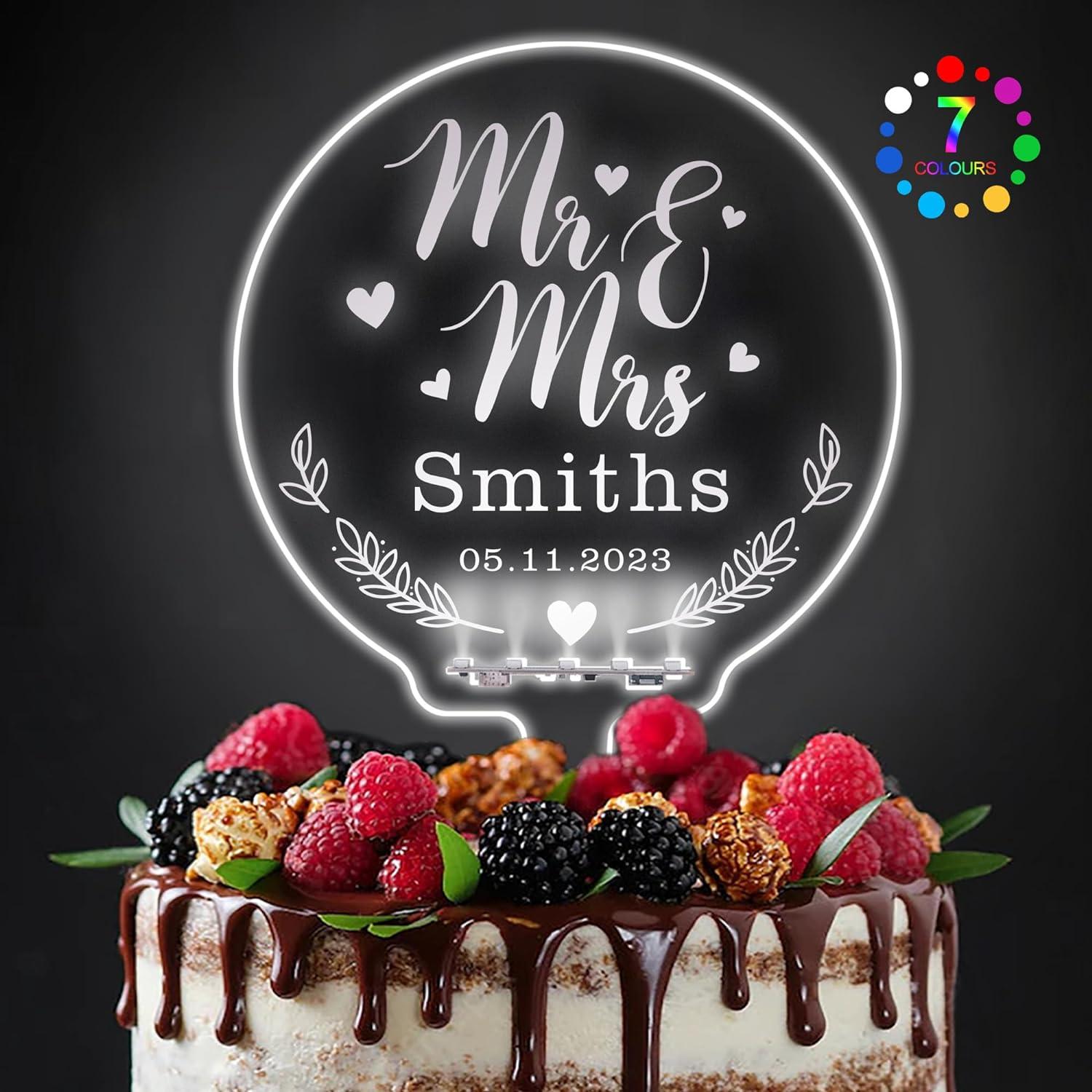 LED Personalised Wedding Cake Toppers 7 Colour Changes Light Up Cake ...