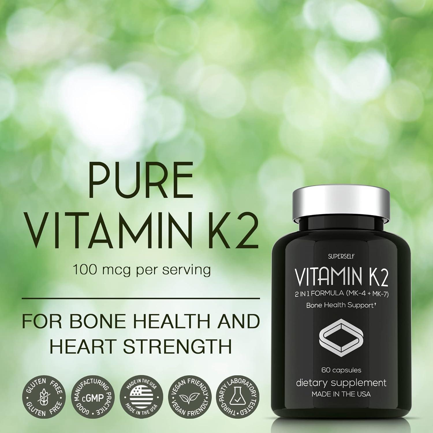 Vitamin K2 Capsules 100mcg - High Strength 2-in-1 Formula MK-7 & MK-4 - 60 Capsules - Made in ...