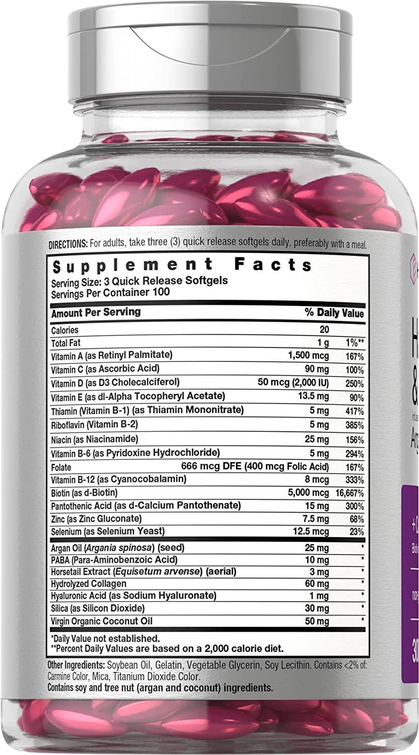 Hair Skin and Nails Vitamins with Biotin, Collagen, Argan Oil & Coconut ...