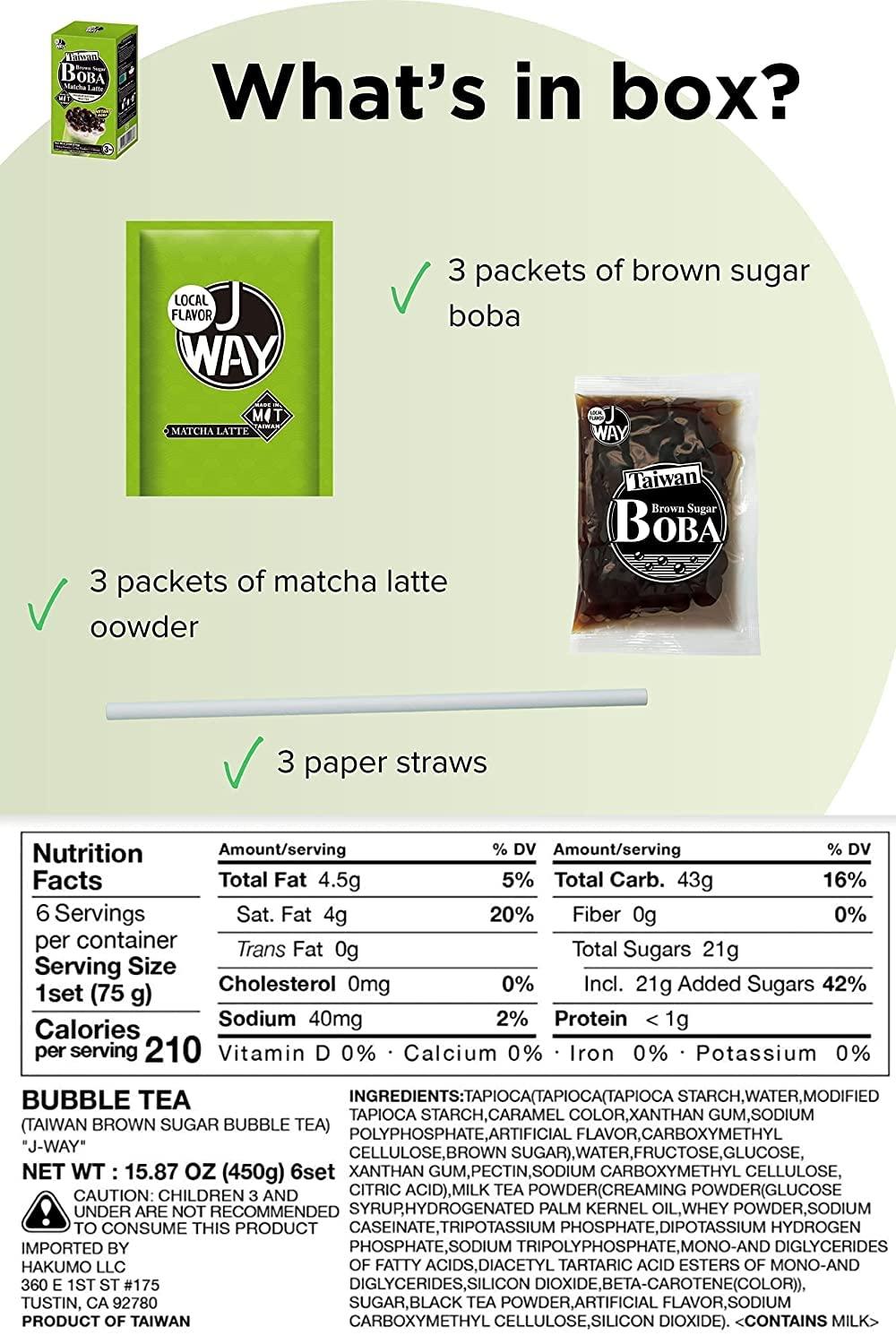 J WAY Instant Boba Bubble Pearl Matcha Milk Tea Kit with Brown Sugar ...