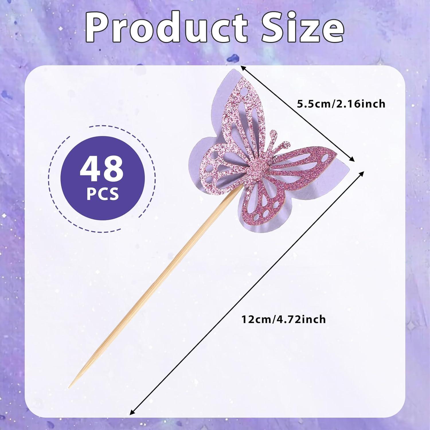 48 Pcs Glitter Butterfly Cupcake Toppers Purple Butterfly Cupcake ...
