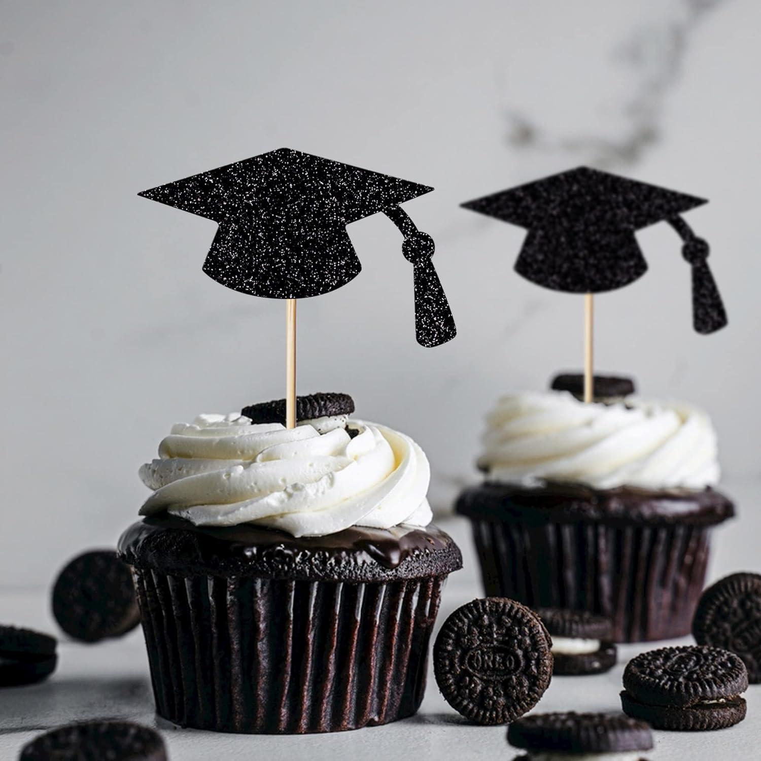 Leetaivie 24pcs Graduation Cupcake Topper - Black Glitter Graduation ...