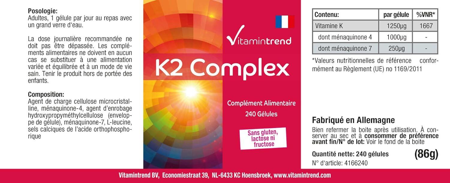 Vitamin K2 Complex 1250 g - 240 Capsules - Vegan - High Dose - MK4 ...
