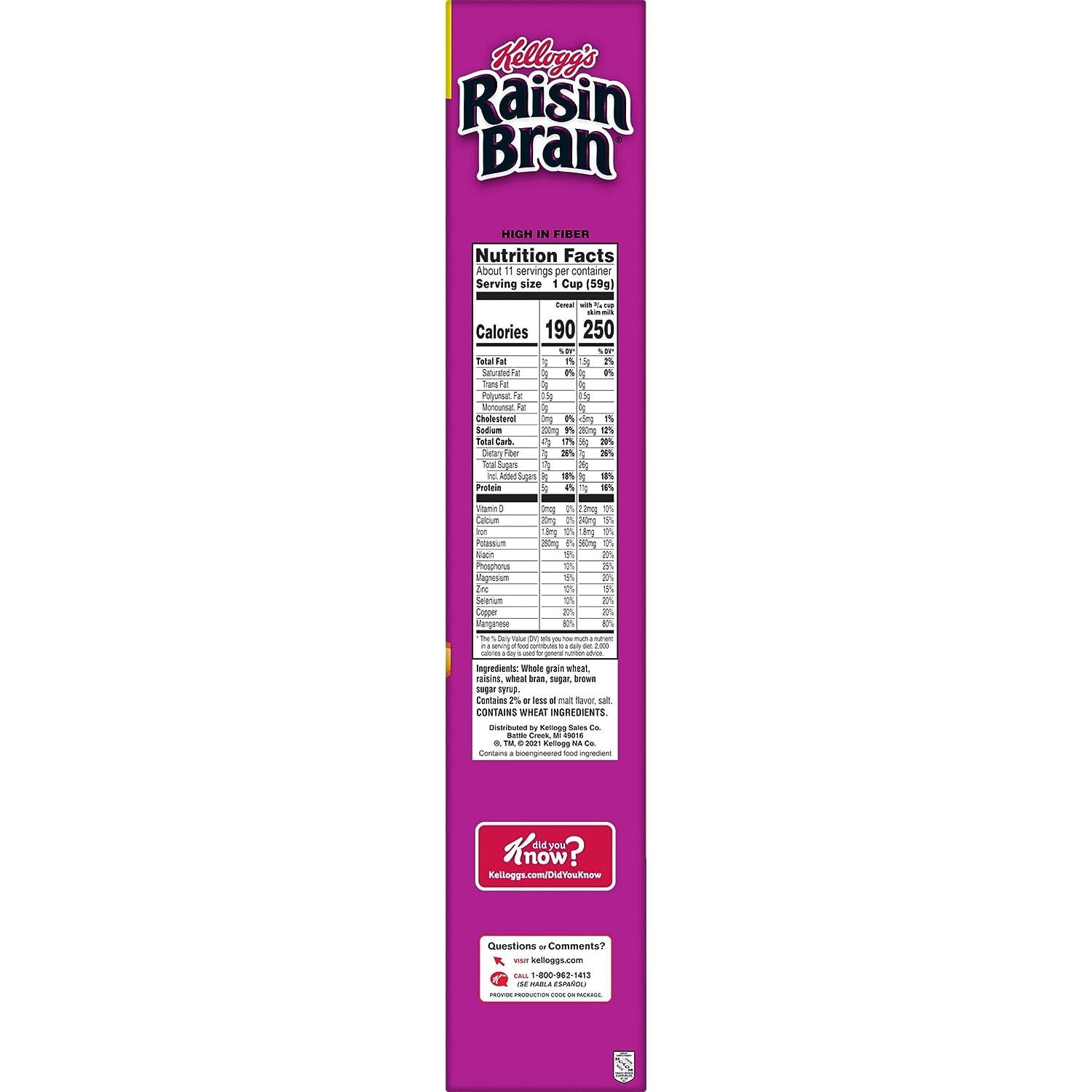 Kellogg's Raisin Bran Breakfast Cereal High Fiber Cereal Made with Real ...