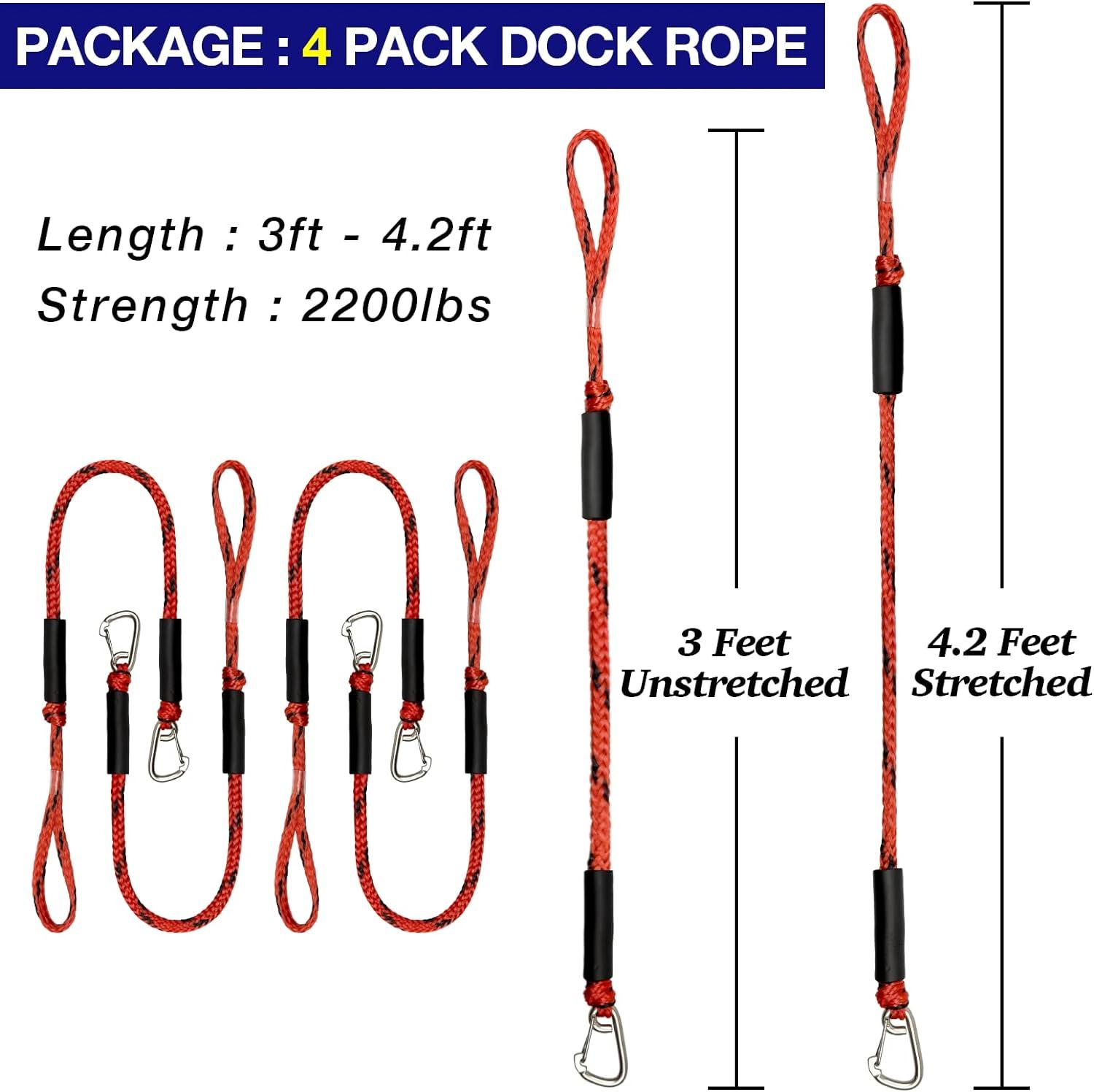 4 Pack Bungee Boat Dock Line 3FT with Stainless Steel Clip - Red&Black ...