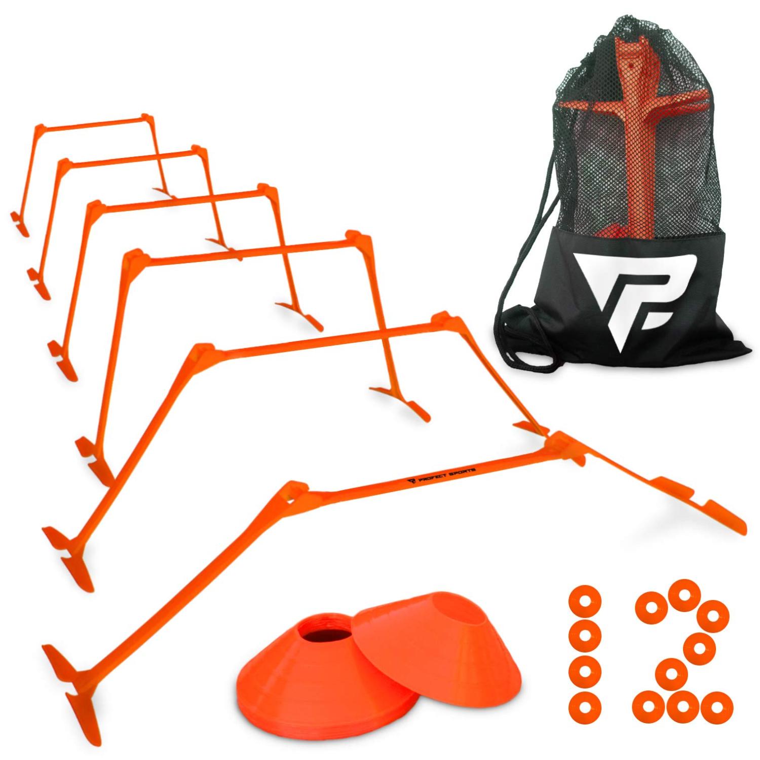 Pro Adjustable Hurdles and Cone Set - 6 Agility Hurdles (6, 9, or 12 inch) with 12 Speed Cones ...