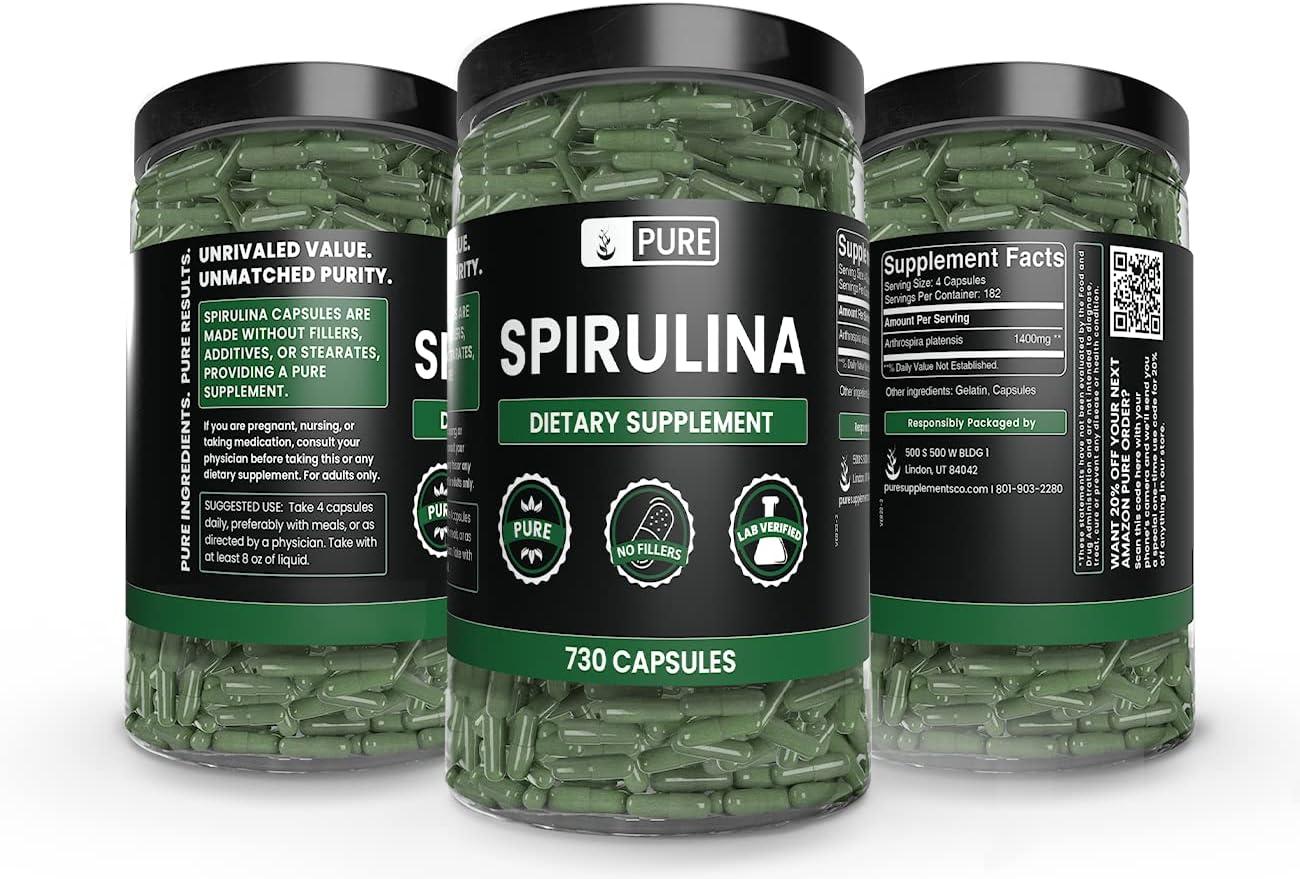 PURE ORIGINAL INGREDIENTS Spirulina (730 Capsules) No Magnesium Or Rice ...