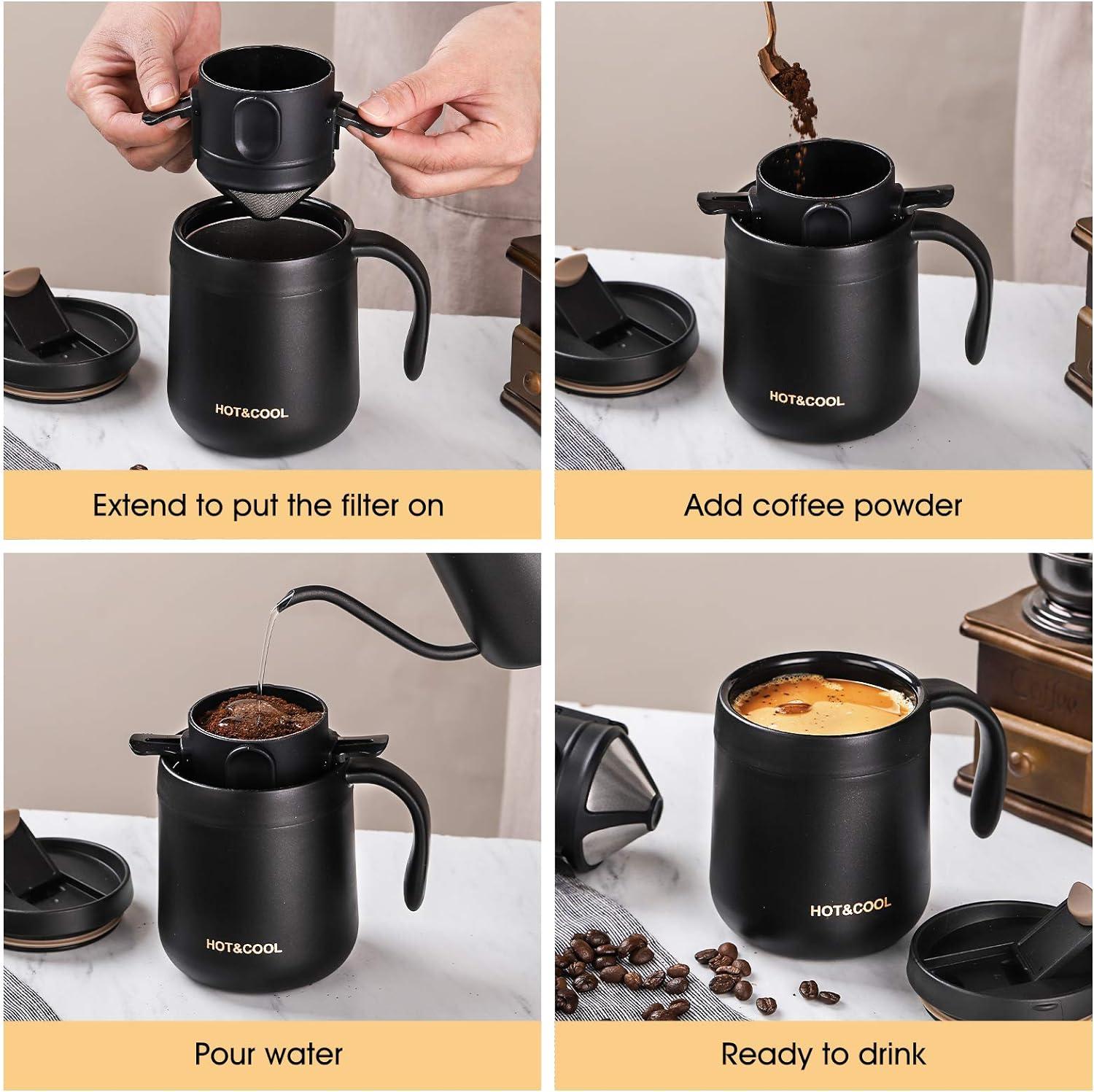 ONEISALL Stainless Steel Coffee Mug with Collapsible Pour Over Filter ...