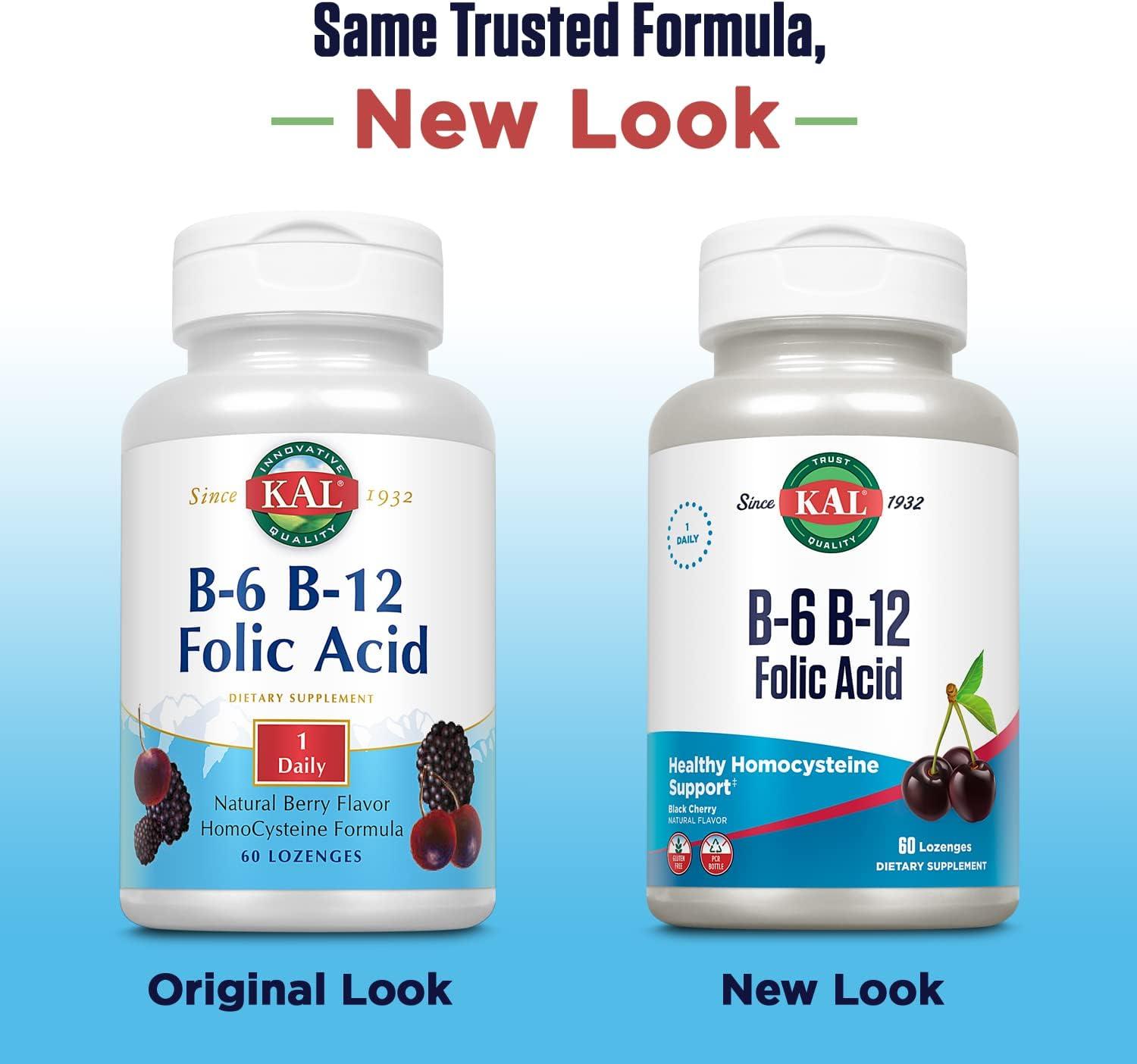 KAL Vitamin B-6 B-12 Folic Acid Supplement | Healthy Energy, Heart & Blood Cell Support | Cherry ...