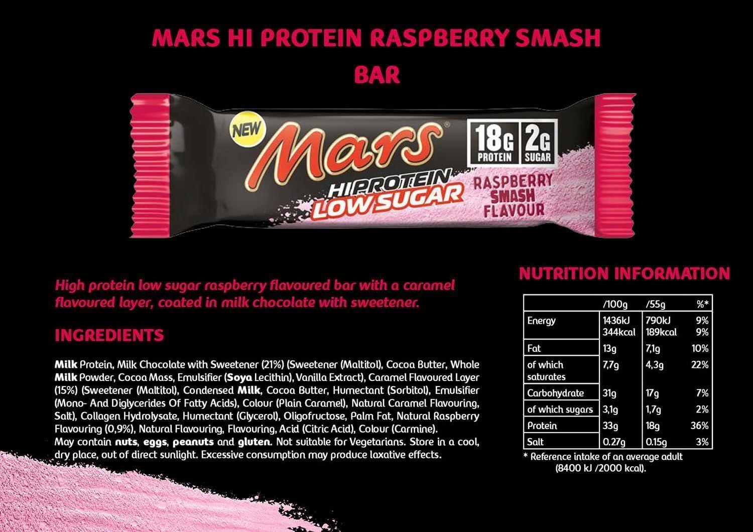 6 x Mars Raspberry Smash Low Sugar Chocolate High Protein chocolate ...