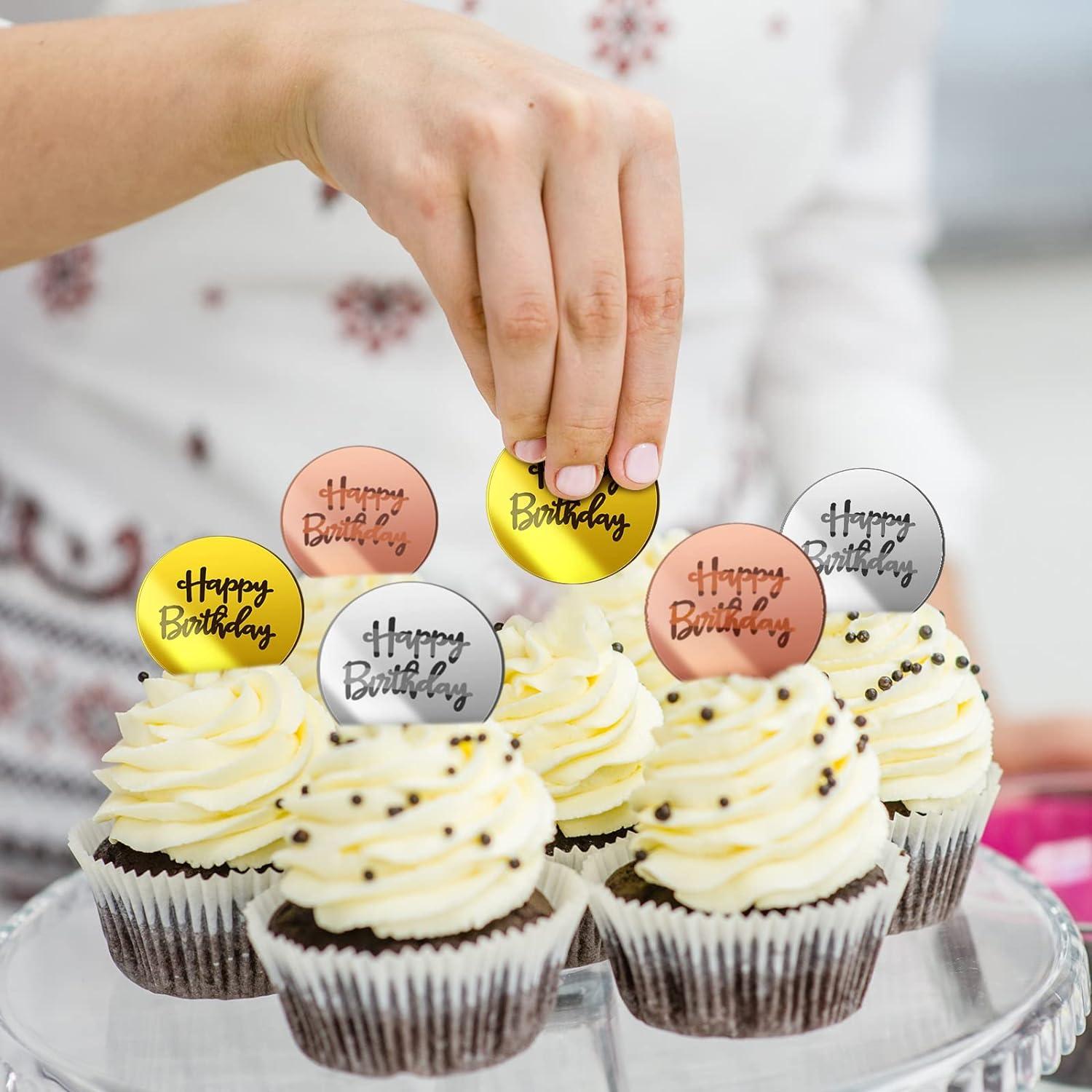 36 Pieces Acrylic Cake Disc Mirror Cupcake Toppers Happy Birthday Cake ...