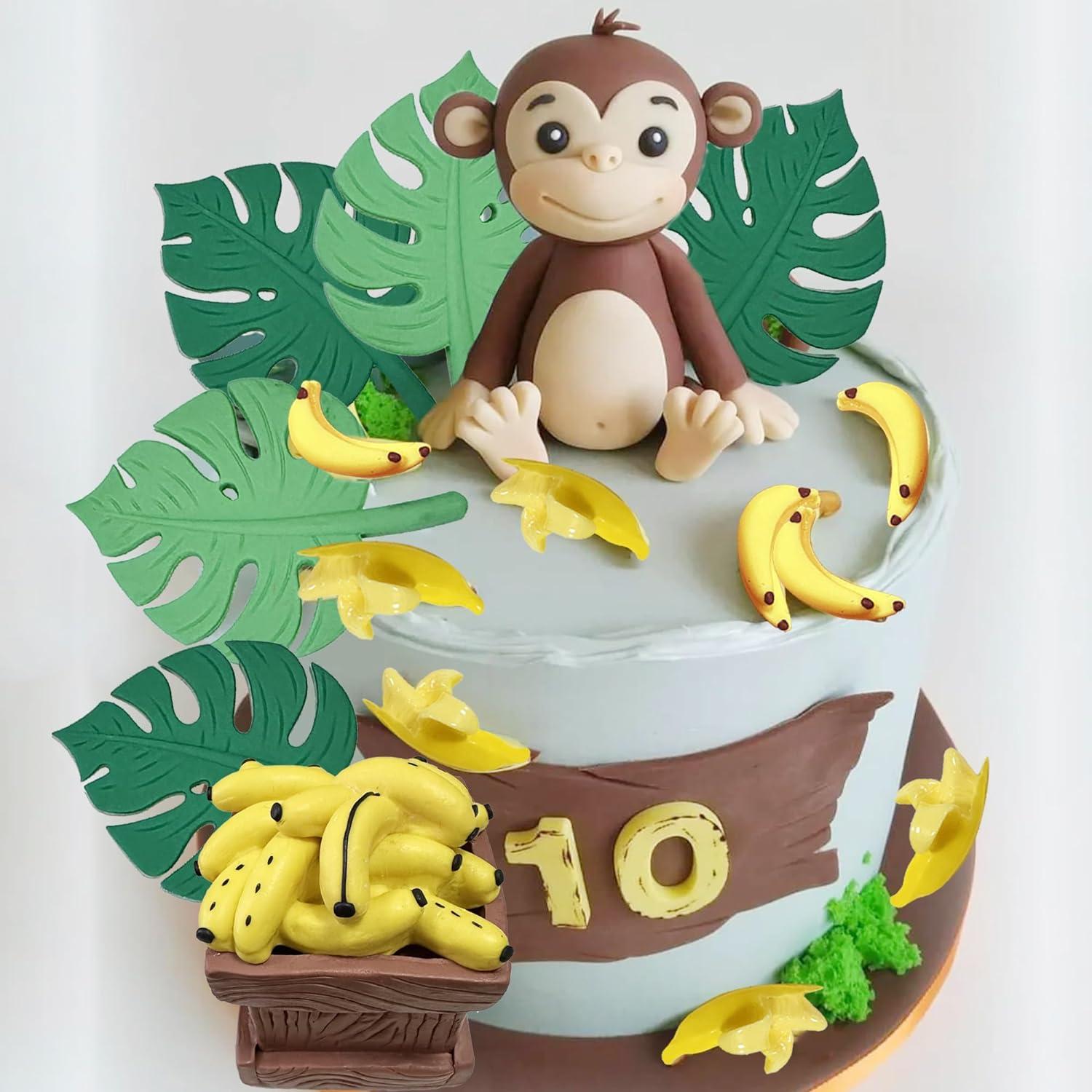 Monkey Cake Toppers with Banana Green Leaves Cake Decorations for ...