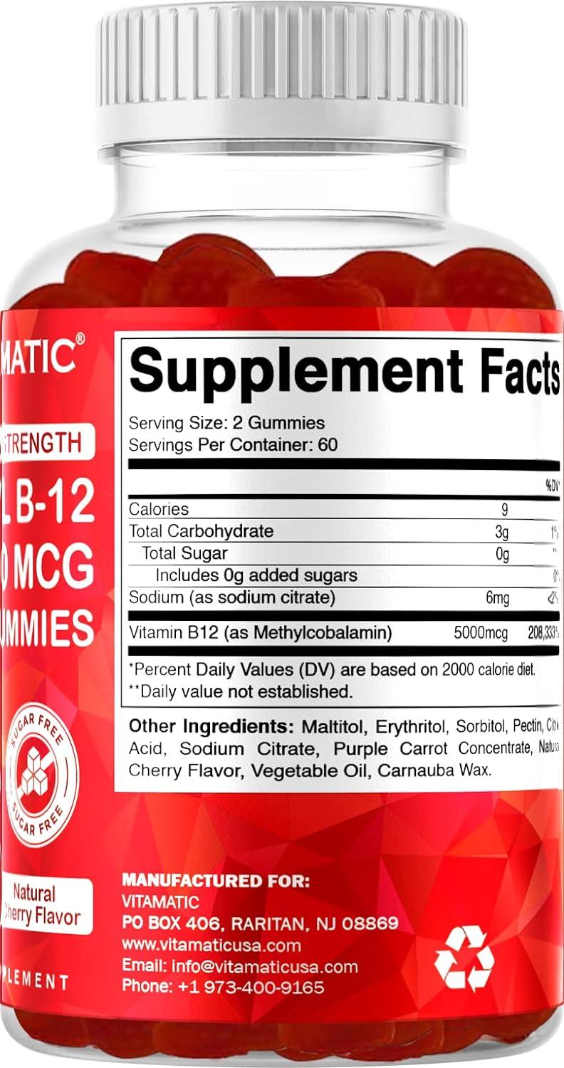 Vitamatic Extra Strength Vitamin B12 5000 mcg Methyl B12 Gummies - 120 Count | Energy & Nervous ...