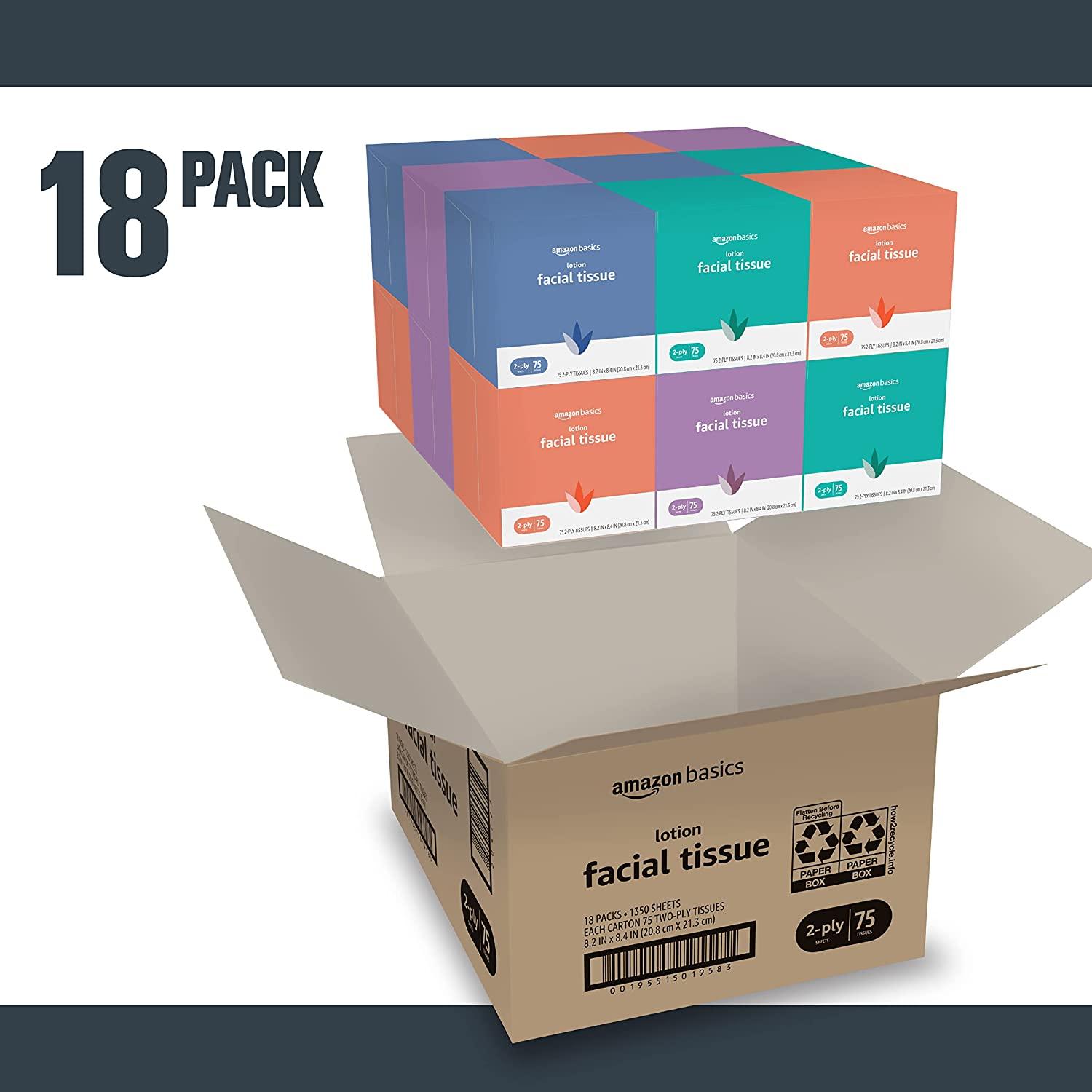 Amazon Basics Ultra Facial Tissue with Lotion - 18 Cube Boxes (1350 ...