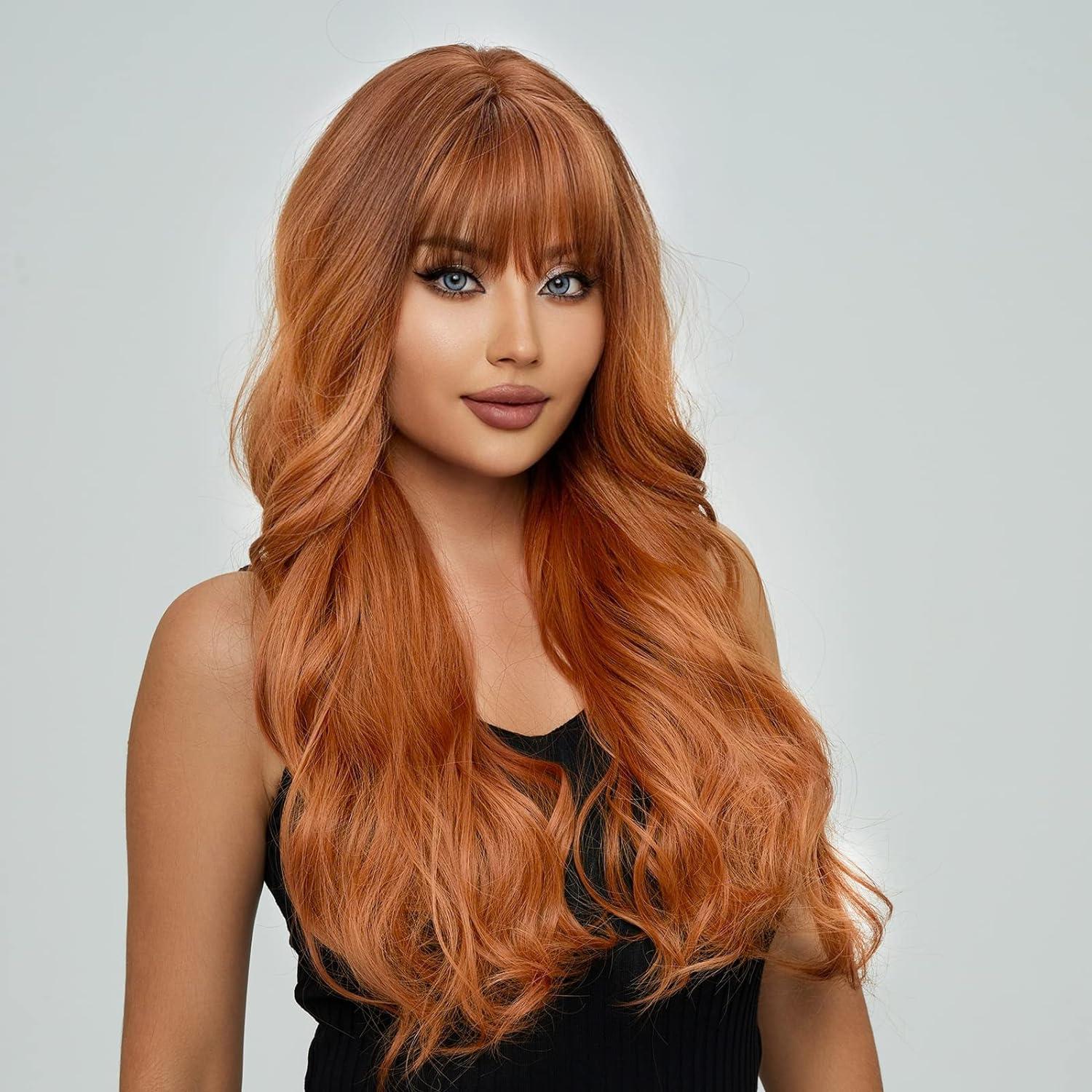 HAIRCUBE Ginger Wig with Bangs - Long Wavy Middle Part Synthetic Wig ...