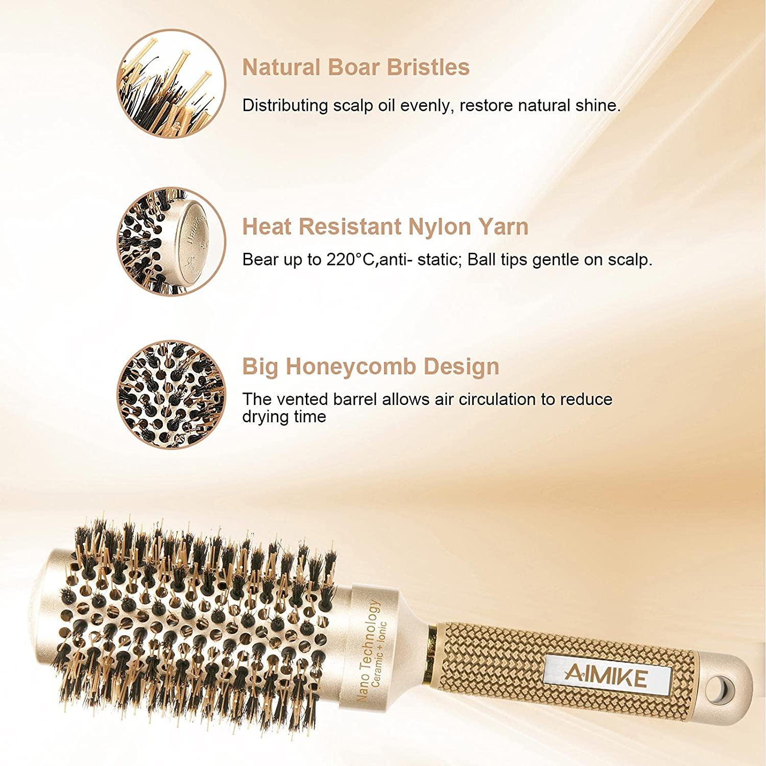 AIMIKE Nano Ceramic Ionic Round Brush 1.7'' | Medium Barrel with Boar Bristles for Blow Drying ...
