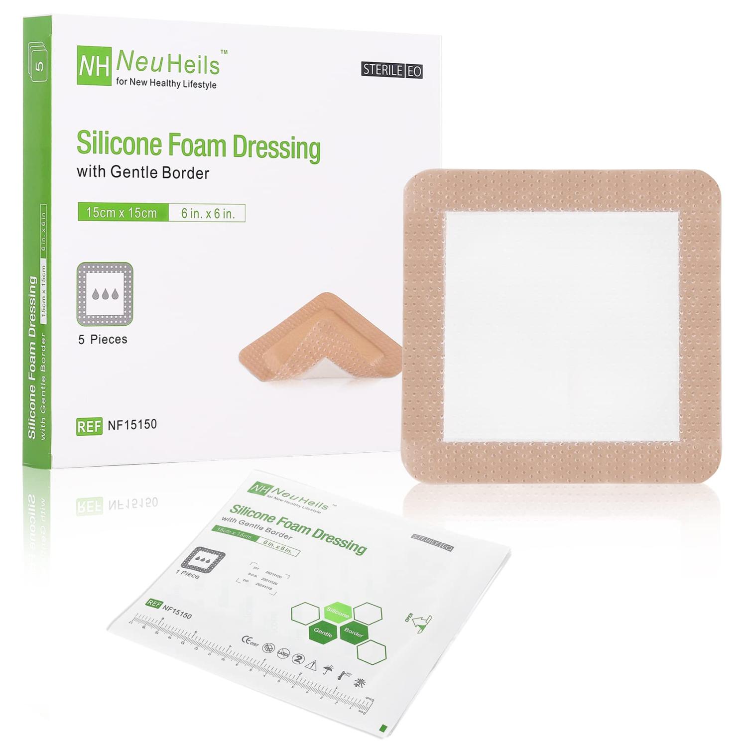 Silicone Adhesive Foam Dressing 6x6 inch, 5-Pack - High Absorbency ...