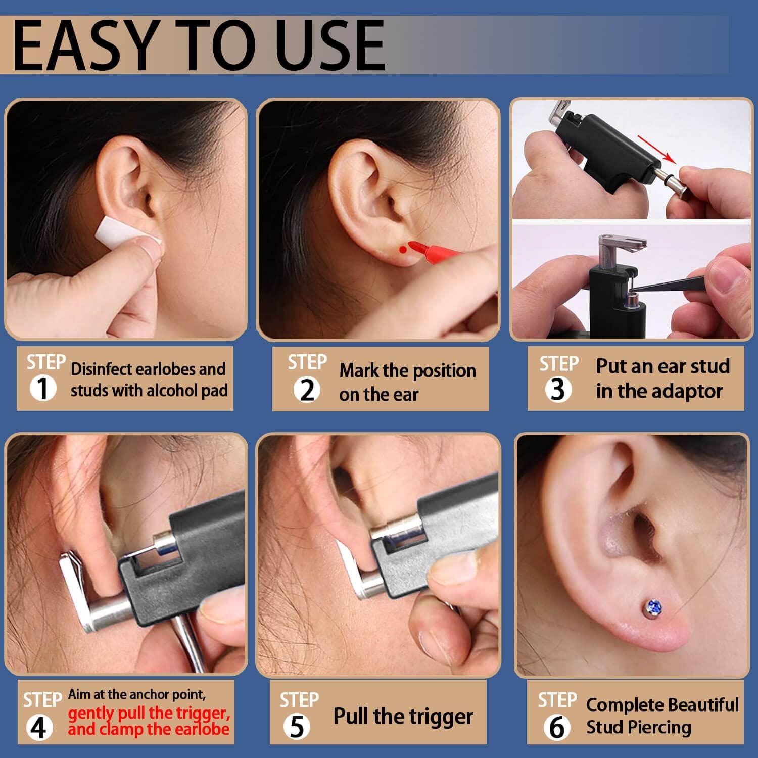 Self Ear Piercing Gun Kit with 12 Pairs of CZ Ear Studs - Salon and ...