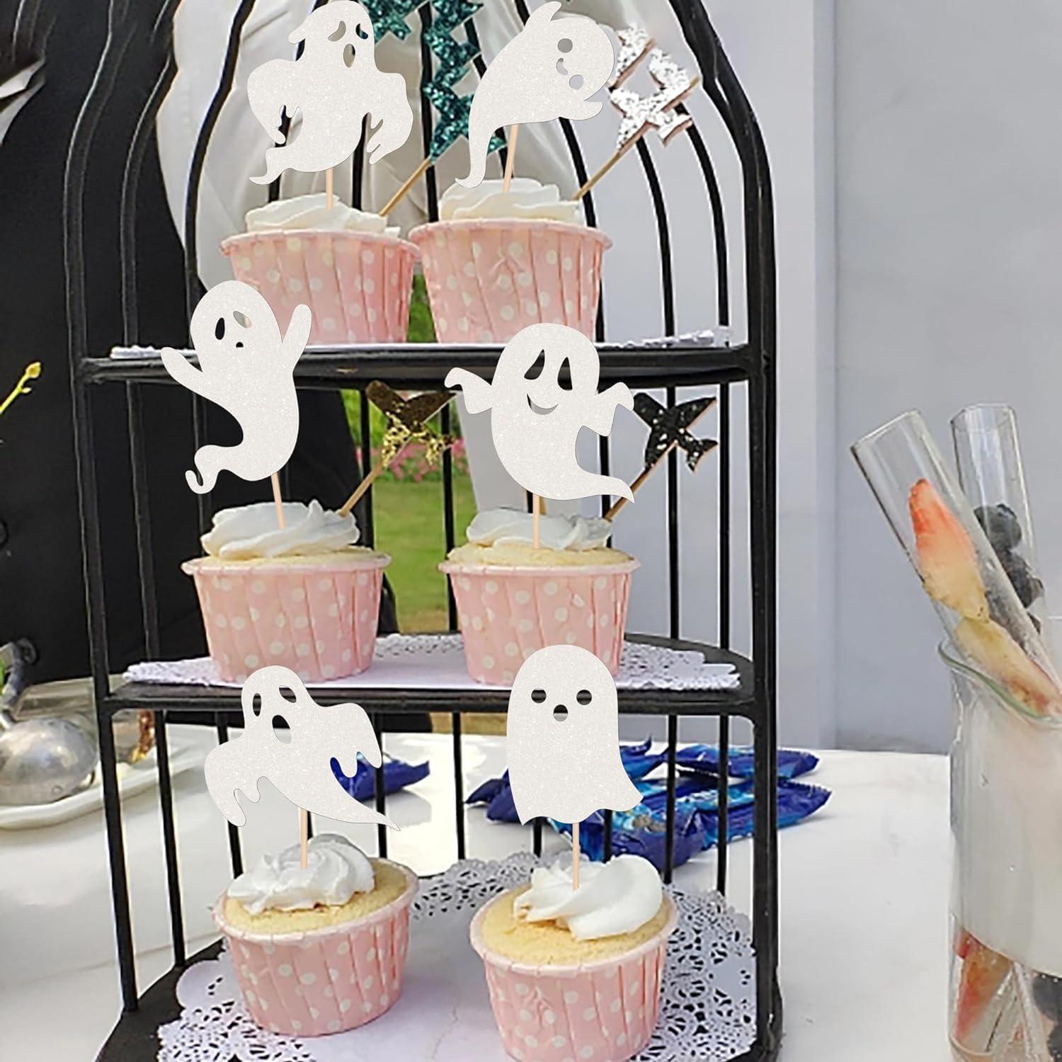 Pack of 24 Ghost Halloween Cupcake Toppers Glitter Ghost Cake ...
