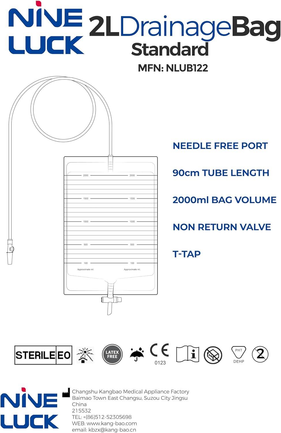 2000ml Sterile Urine Drainage Bag with T Tap Valve and 90cm Tube - Non ...