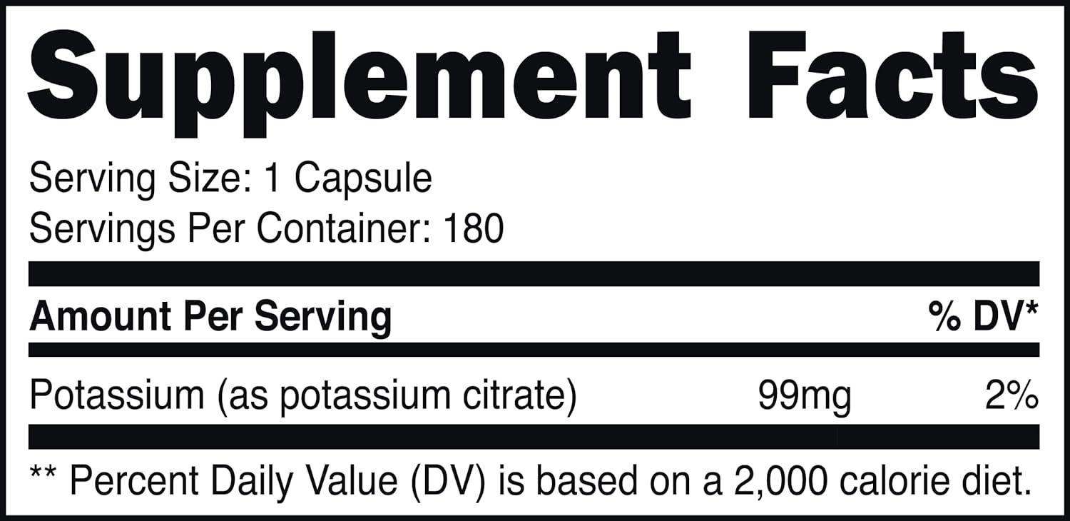 Bucked Up Potassium Citrate 99mg (180 Servings, 180 Capsules ...