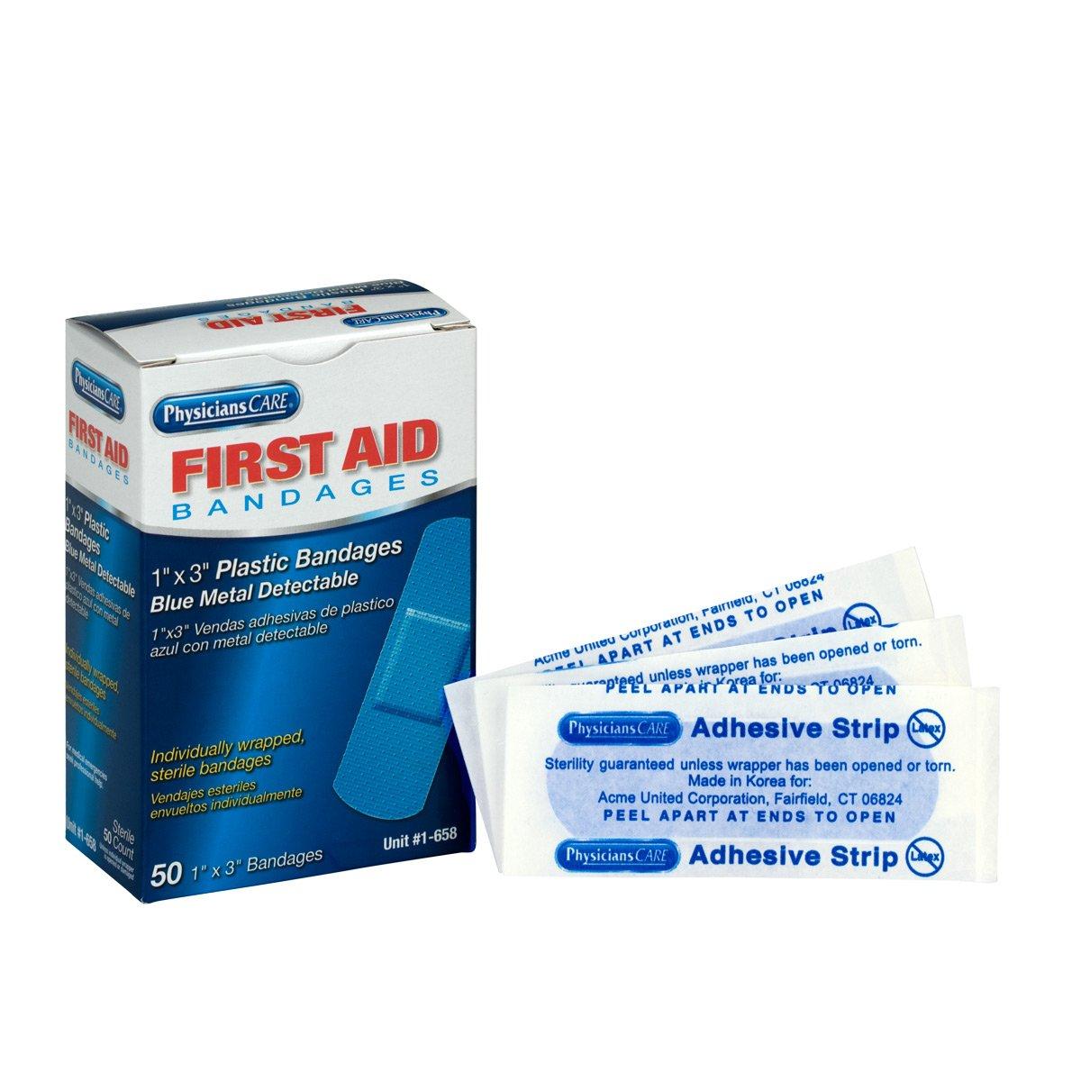 First Aid Only Metal Detectable Blue Plastic Bandages 1x3 Inch - 50 ...