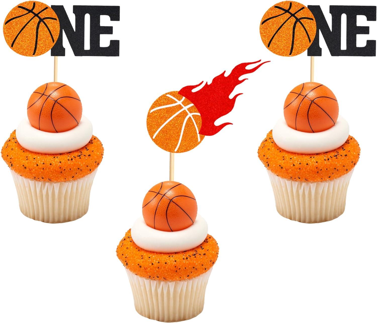 Arthsdite 24Pcs Basketball One Cupcake Toppers Basketball Themed First ...