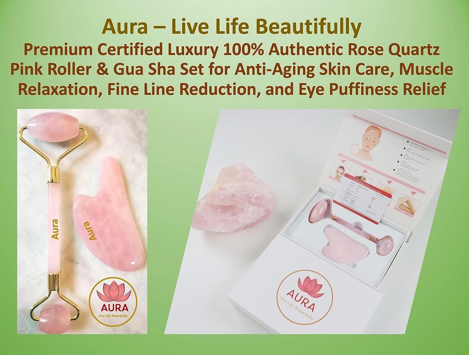Premium Certified Rose Quartz Pink Roller & Gua Sha Set for Skin Care ...