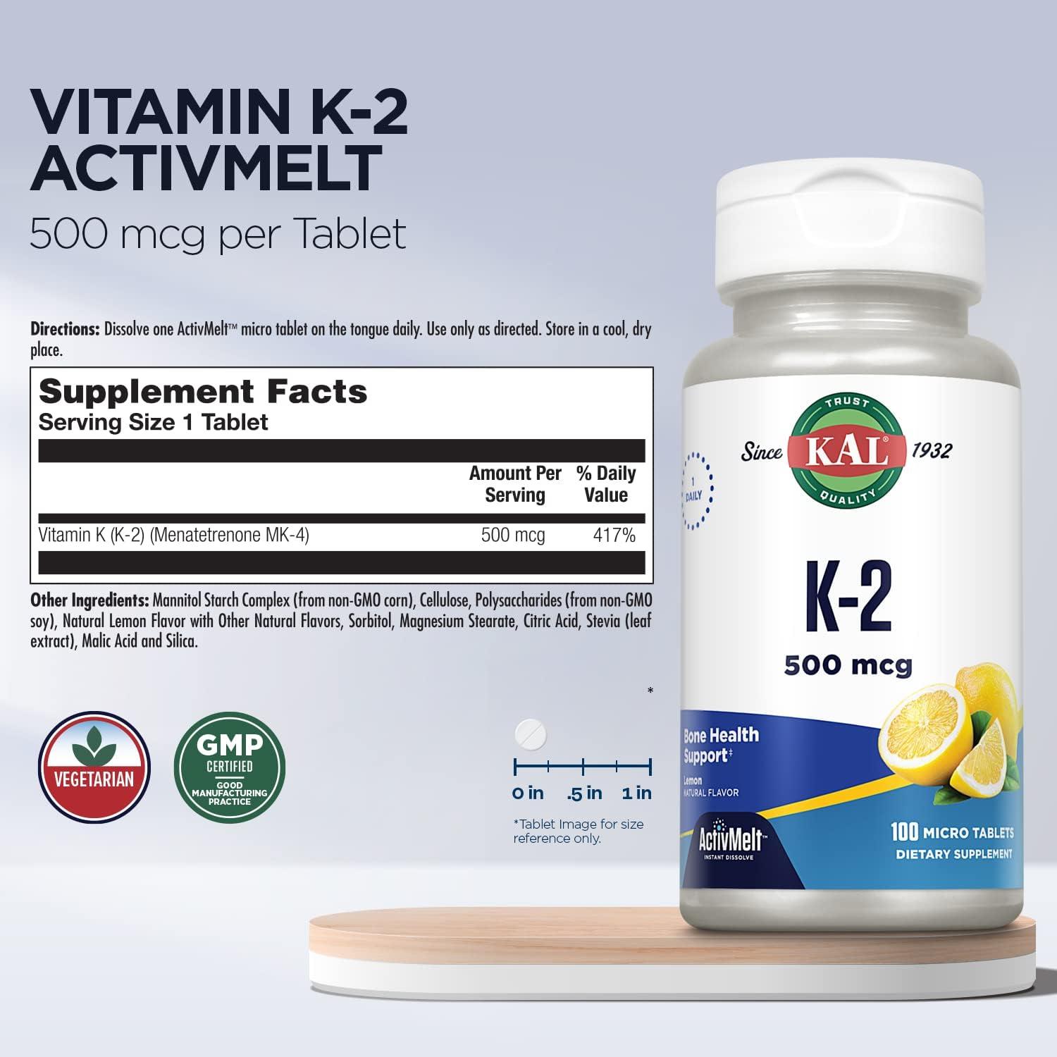 KAL Vitamin K2 500 mcg ActivMelts - Bone, Heart & Artery Health Supplement - 100 Servings | Buy ...