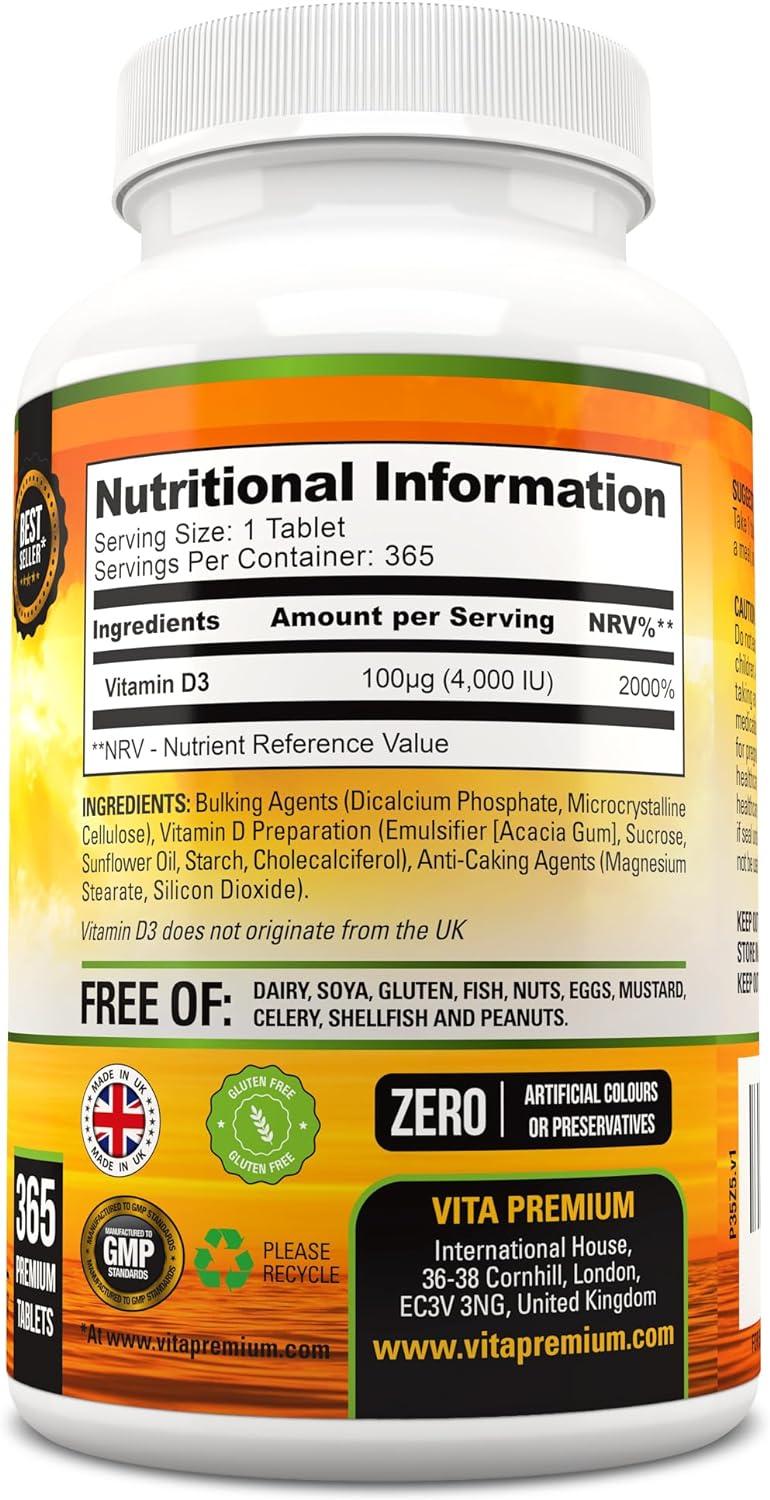 365 Easy to Swallow Vitamin D 4,000 IU Tablets - Maximum Strength D3 ...