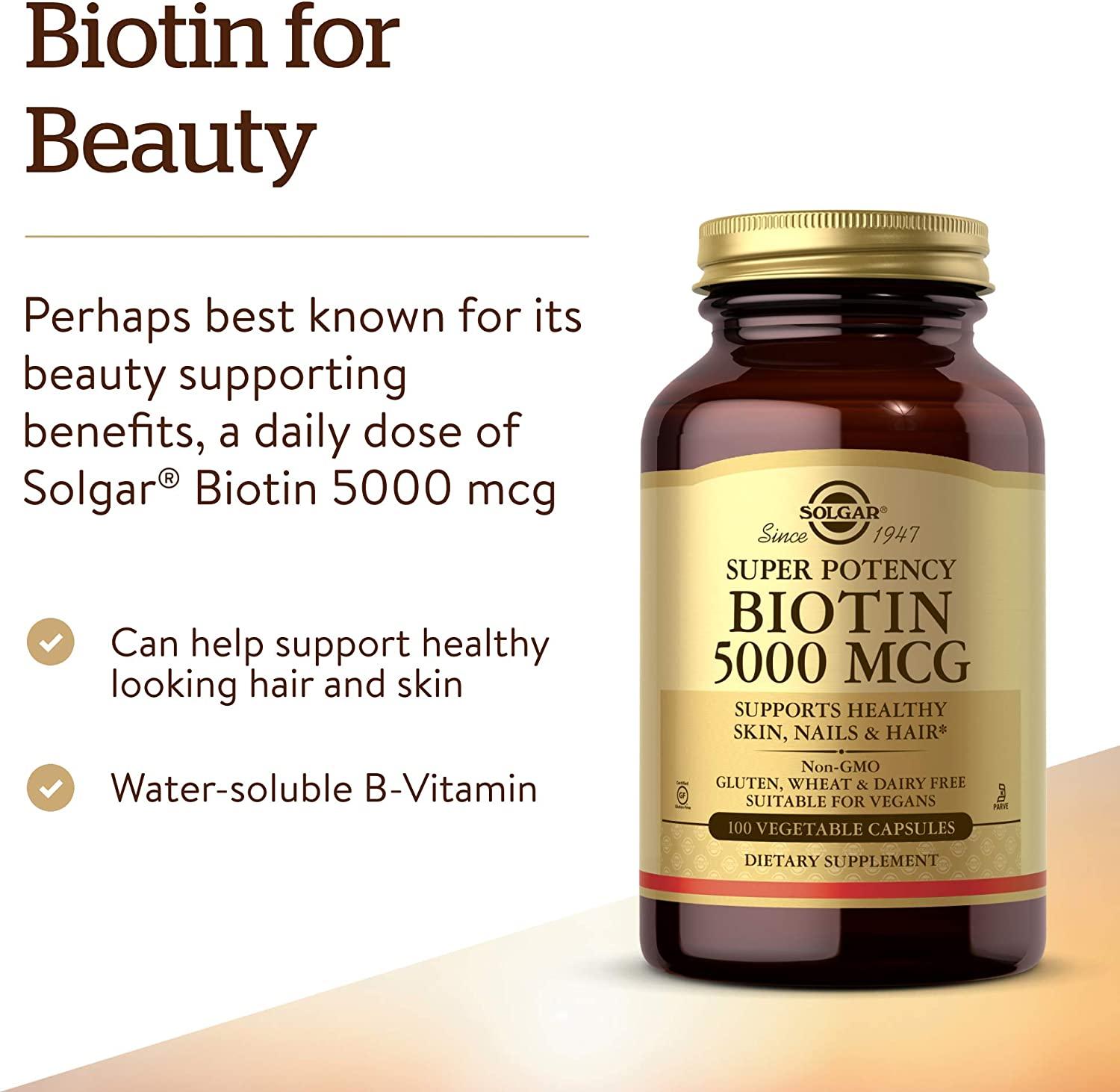 Solgar Biotin 5000 mcg - 100 Vegetable Capsules for Healthy Hair, Skin ...
