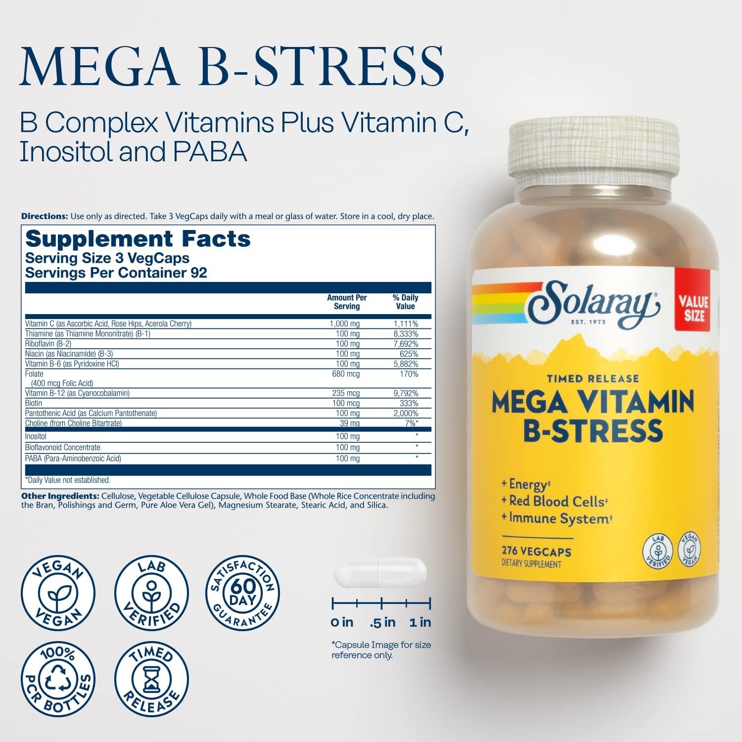 Solaray Mega Vitamin B-Stress Complex with 1000mg Vitamin C - 276 Count ...