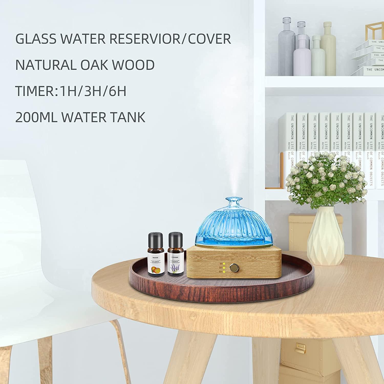 200ml Glass Essential Oil Diffuser with Wood Base | Ultrasonic Air Diffuser for Large Room ...