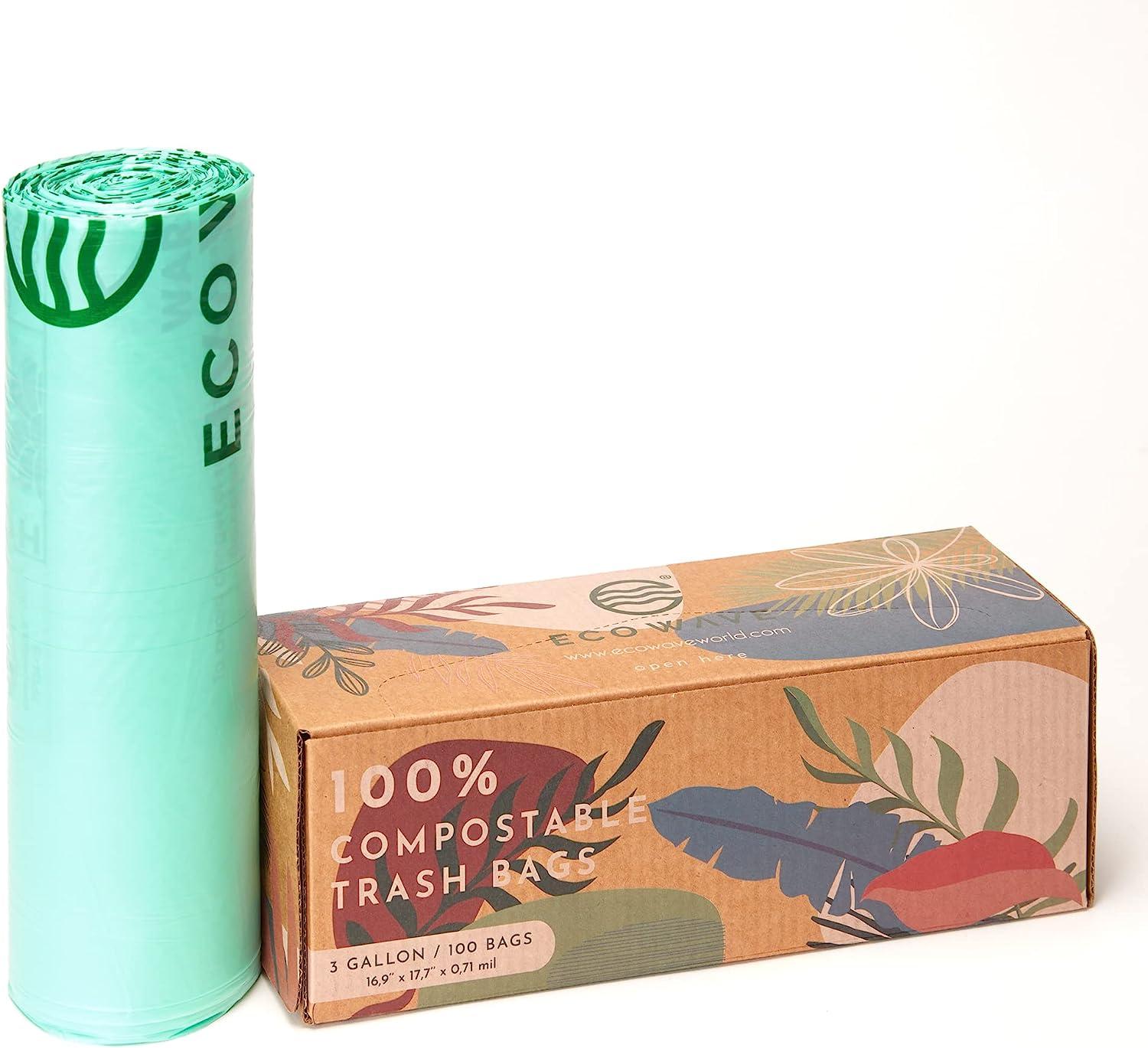 ECO WAVE 3 Gallon Compostable Trash Bags - 100 Bags | ASTM D6400, EN 13432, US BPI & Europe OK ...