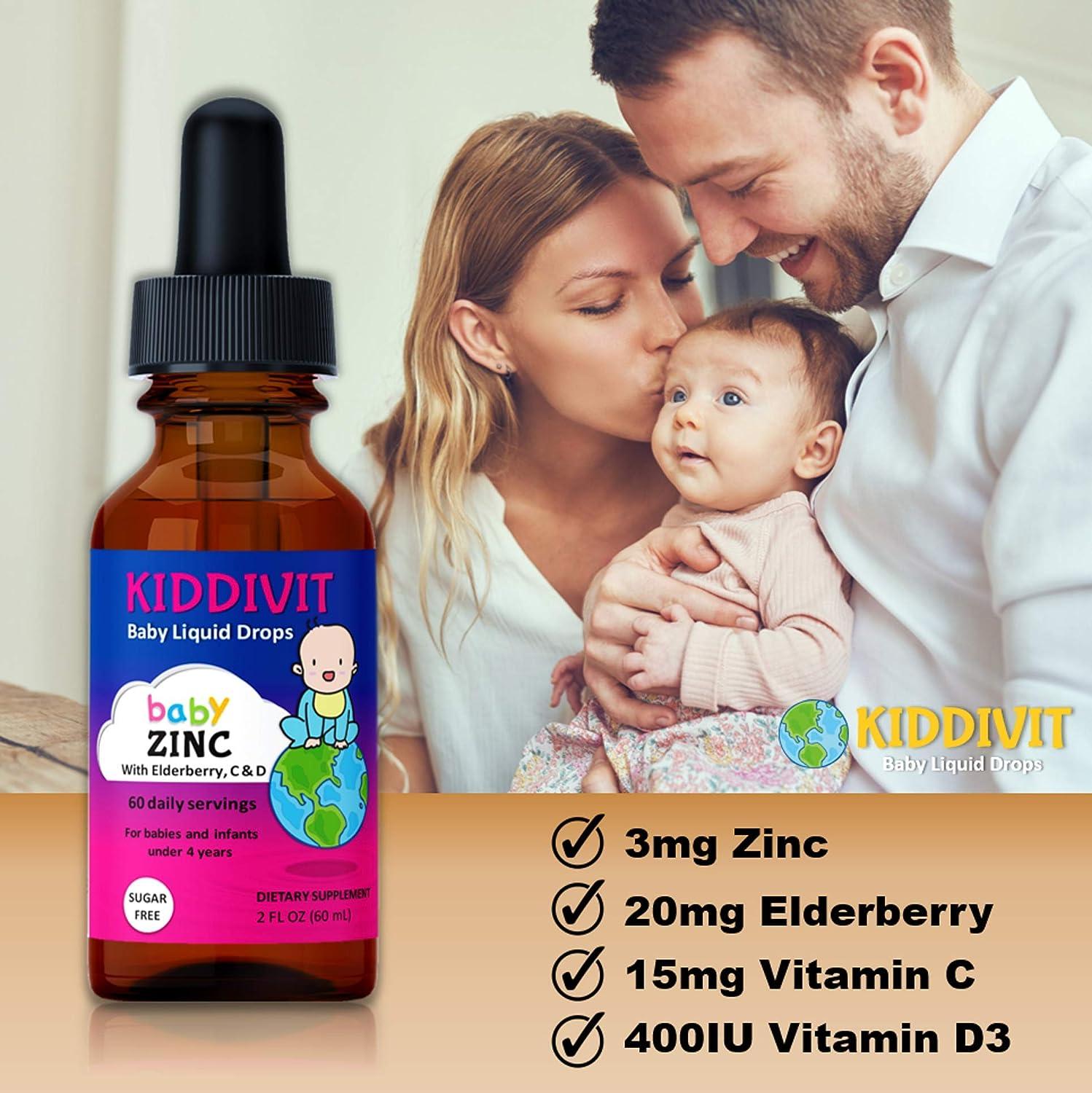 Kiddivit Baby Zinc Liquid Drops with Elderberry, Vitamin D3 & C - 60 ...