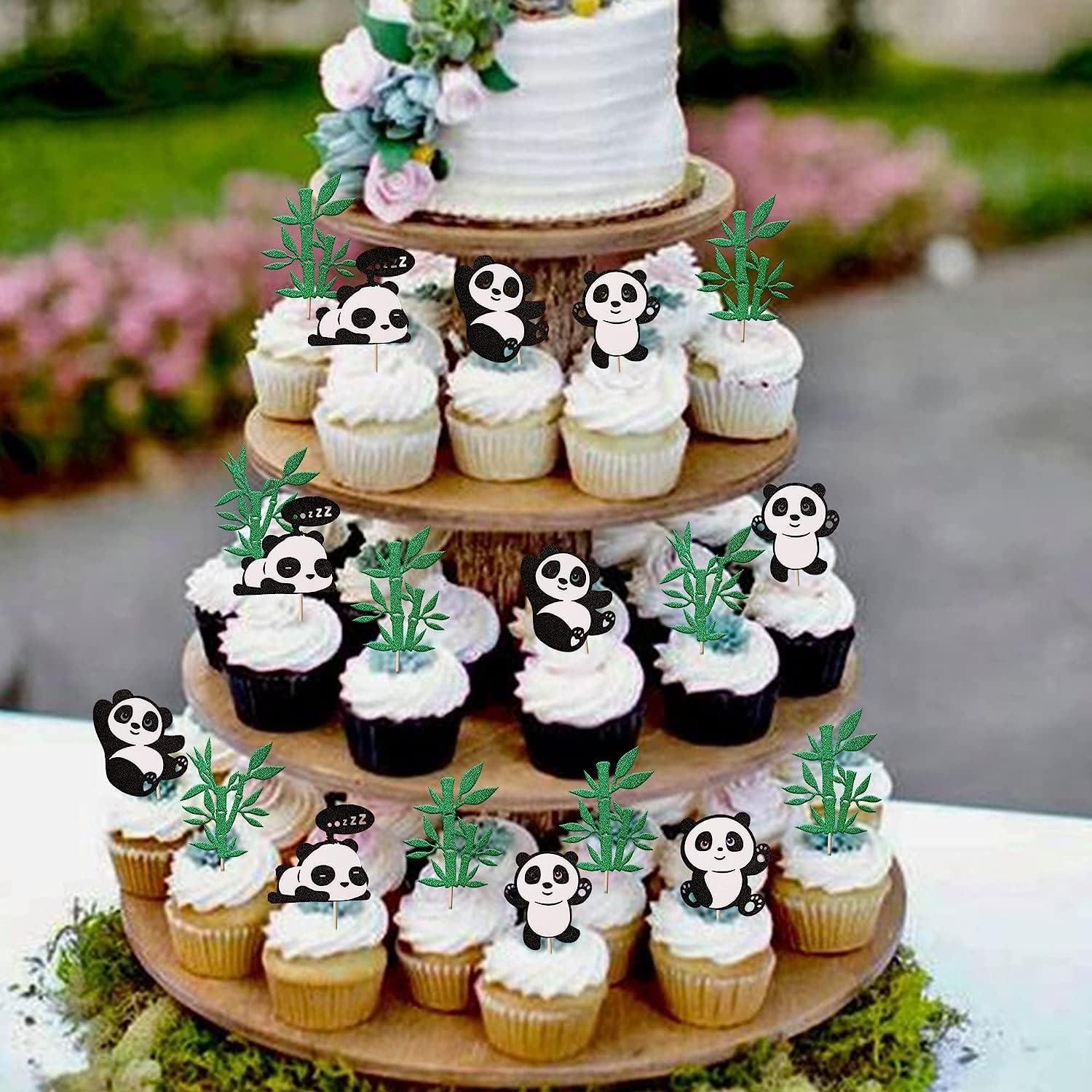 24 Panda Glitter Green Bamboo Cupcake Toppers - Cute Animal Cake ...