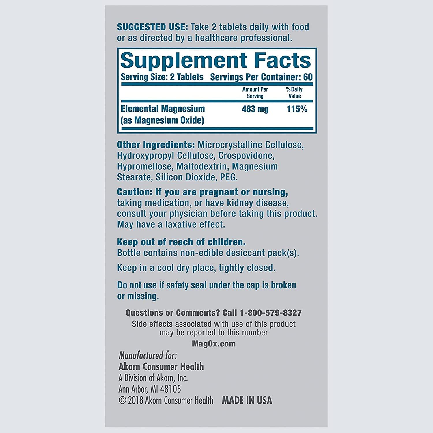 Mag-Ox Magnesium Supplement 483mg, 240 Tablets - Pharmaceutical Grade ...