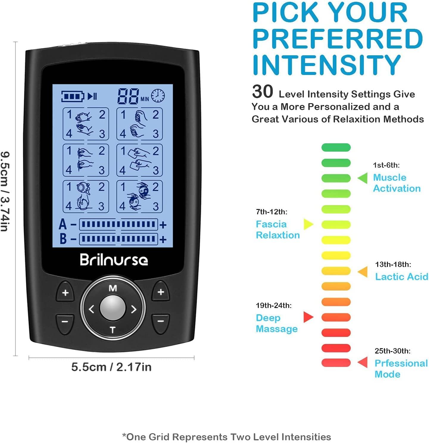 Brilnurse TENS Unit Muscle Stimulator | 24 Modes, 30 Intensity Levels ...