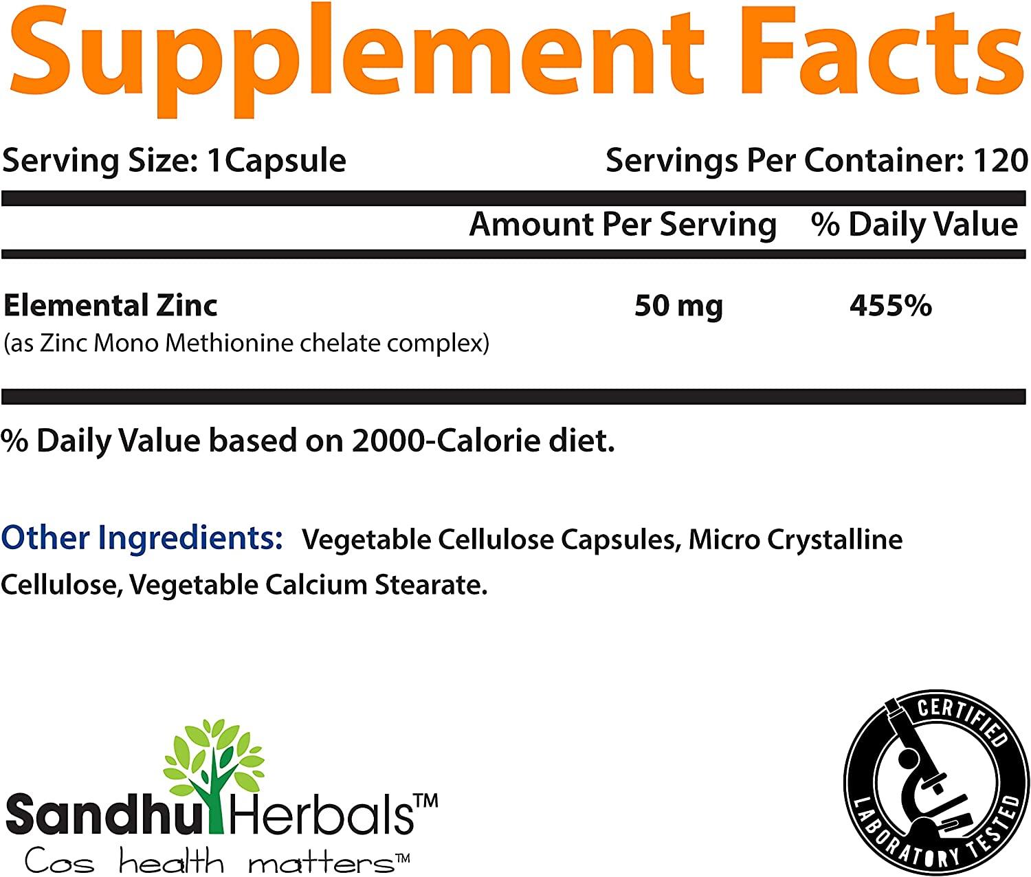 Zinc 50mg Supplement - 120 Vegetarian Capsules for Immune Support ...
