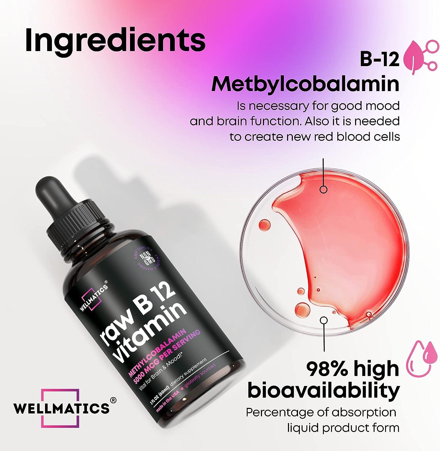 Wellmatics Vitamin B12 Sublingual 5000 mcg Liquid Supplement - Made in ...
