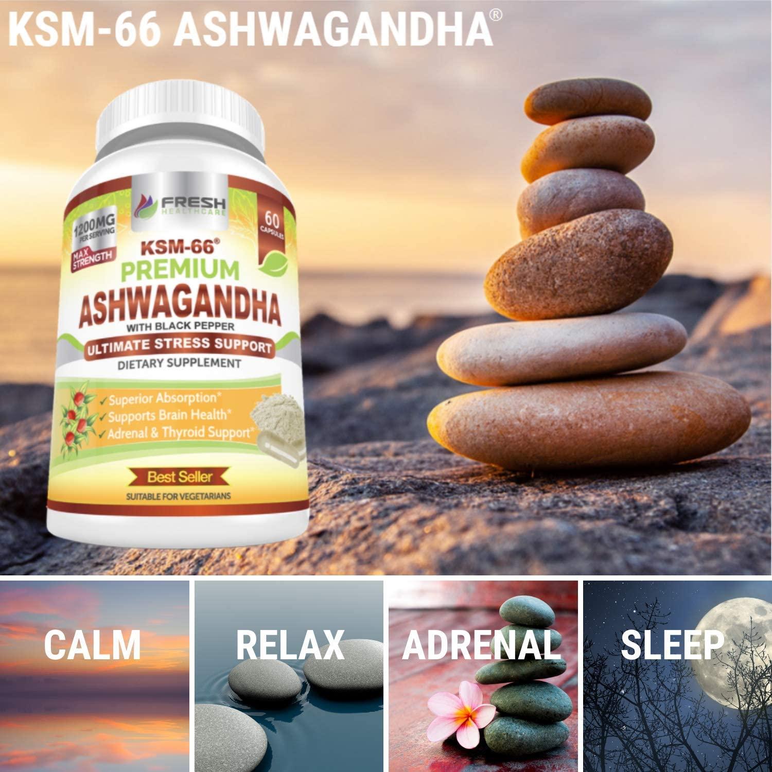 Ashwagandha KSM-66 1200mg Supplement with Black Pepper for High Absorption - Vegan - 60 Capsules ...