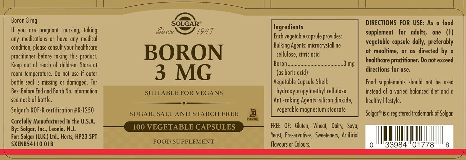 Solgar Boron 3 mg Vegetable Capsules - Food Supplement 100 capsules ...