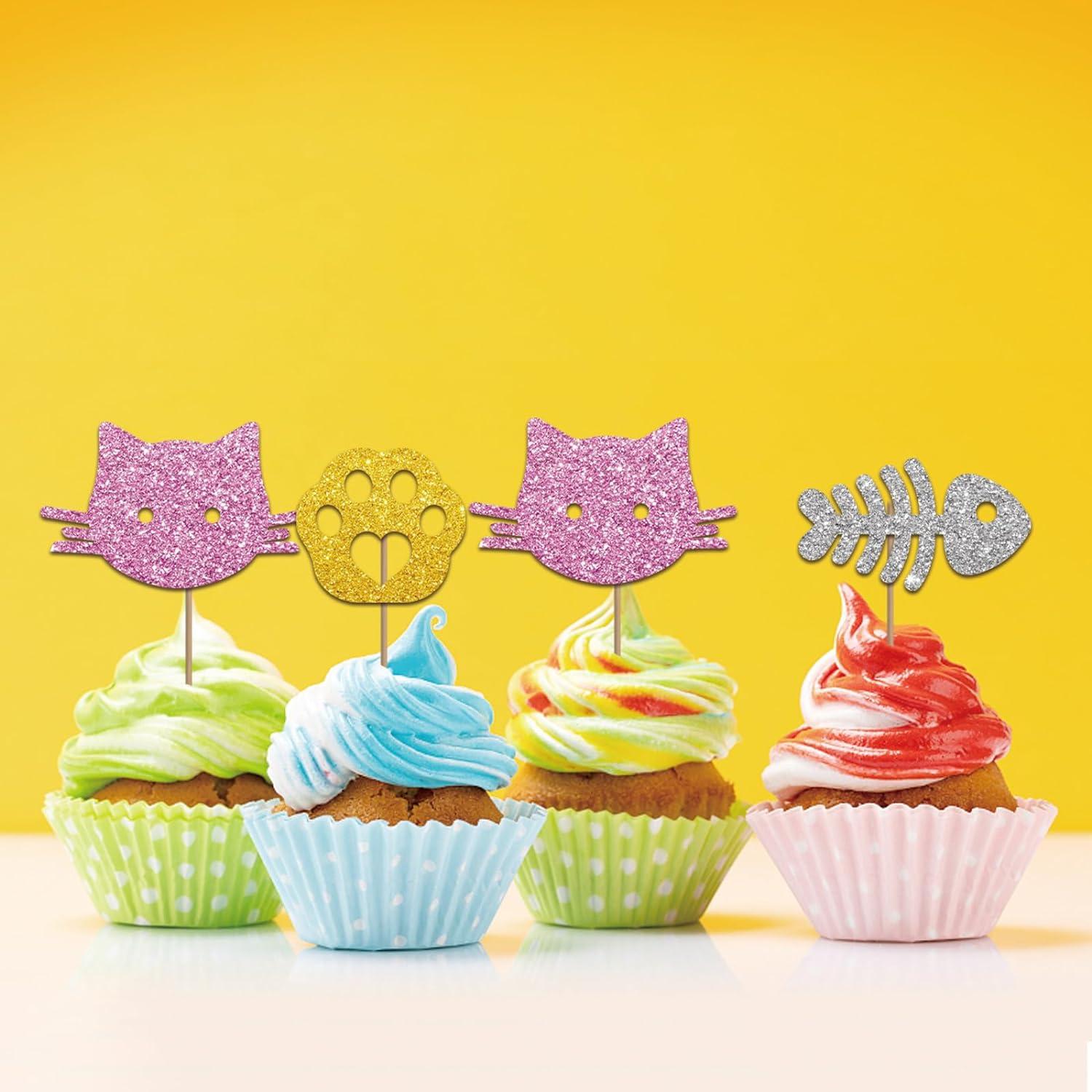 Set of 24 Cat Cupcake Toppers Pink&Gold Glitter Kitten Cupcake Picks ...